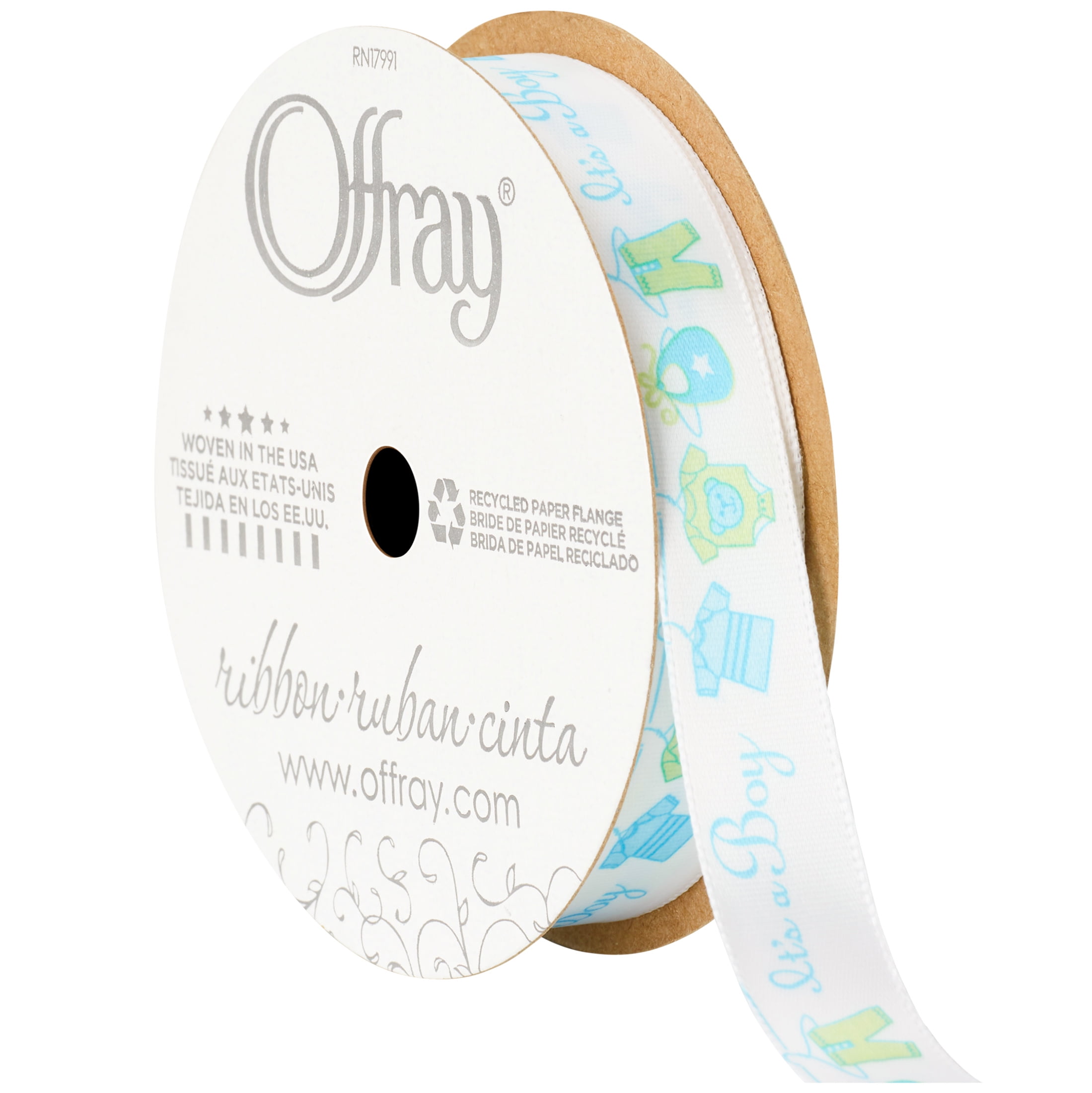Offray Satin Ribbon, White 5/8 Inch It's a Boy, 9 Feet Craft and Baby ...