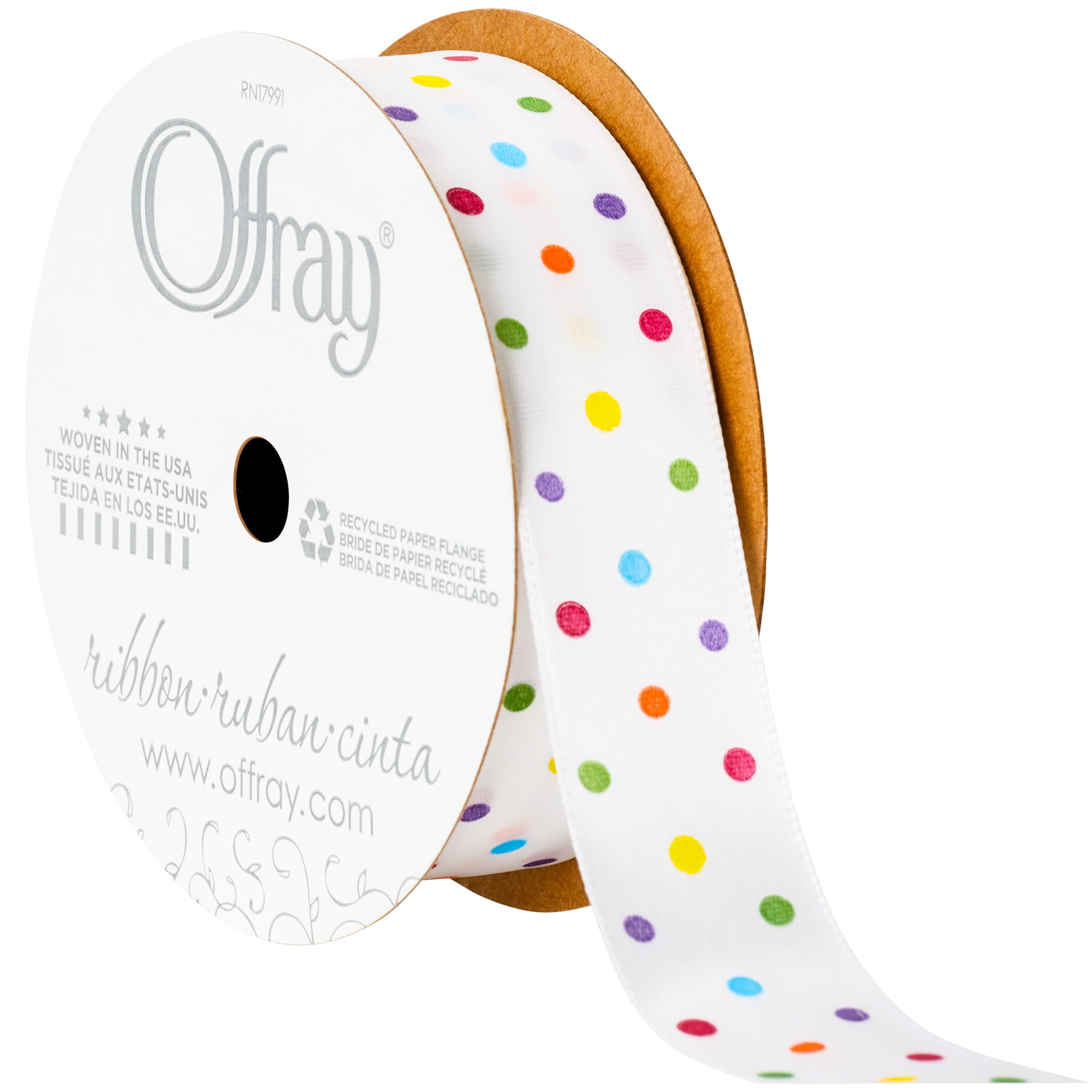 Offray Ribbon, White 7/8 inch Dot Satin Ribbon, 9 feet - Walmart.com