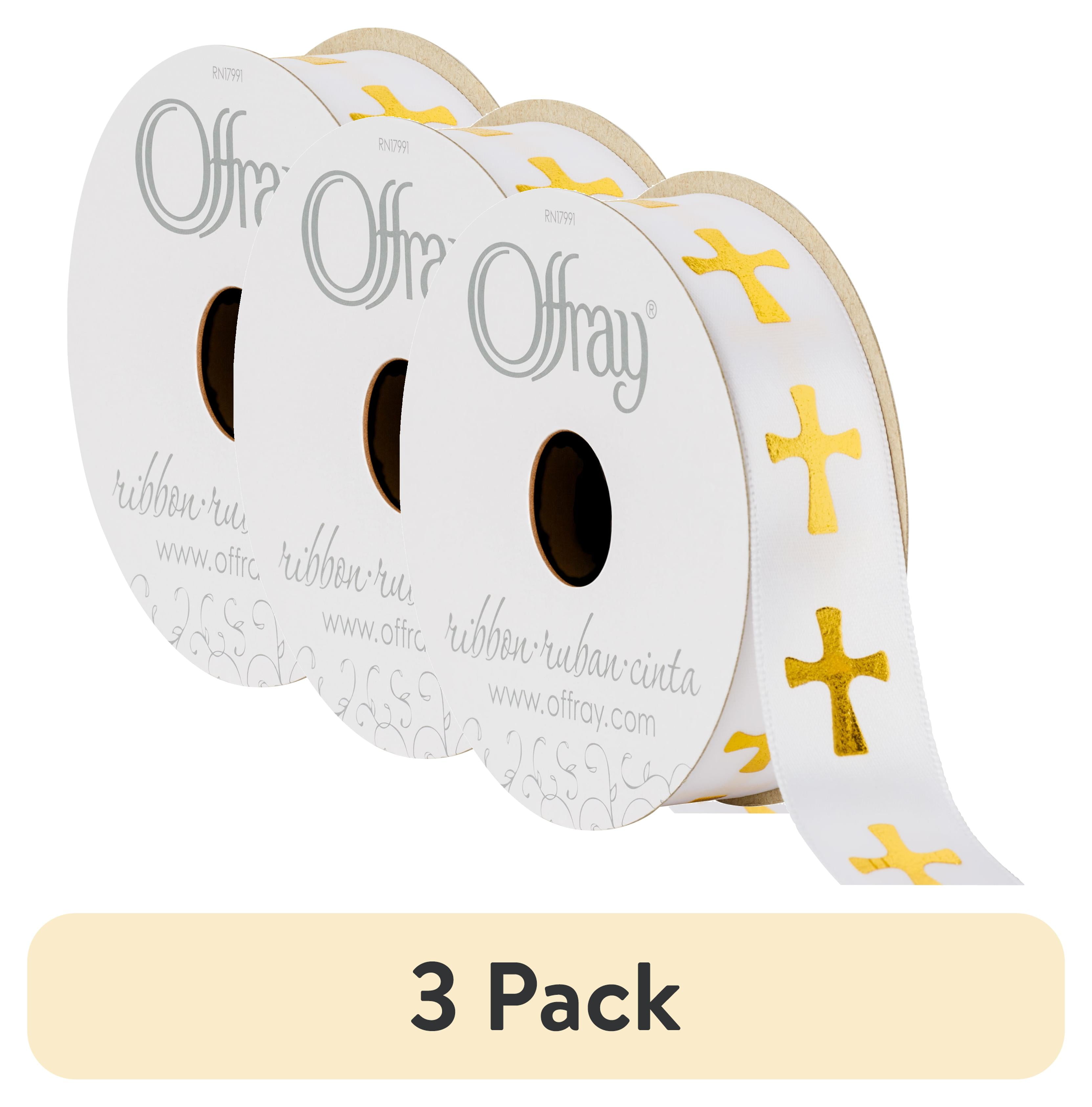 (3 pack) Offray Ribbon, White with Gold Cross 7/8 inch Polyester Ribbon ...