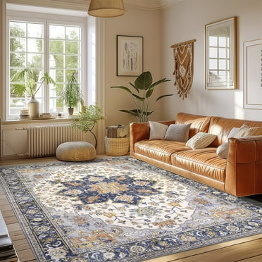 ALEF HOME Geometric Rug, Nonslip Art Deco Tufted Multicolor Blue Grid ...