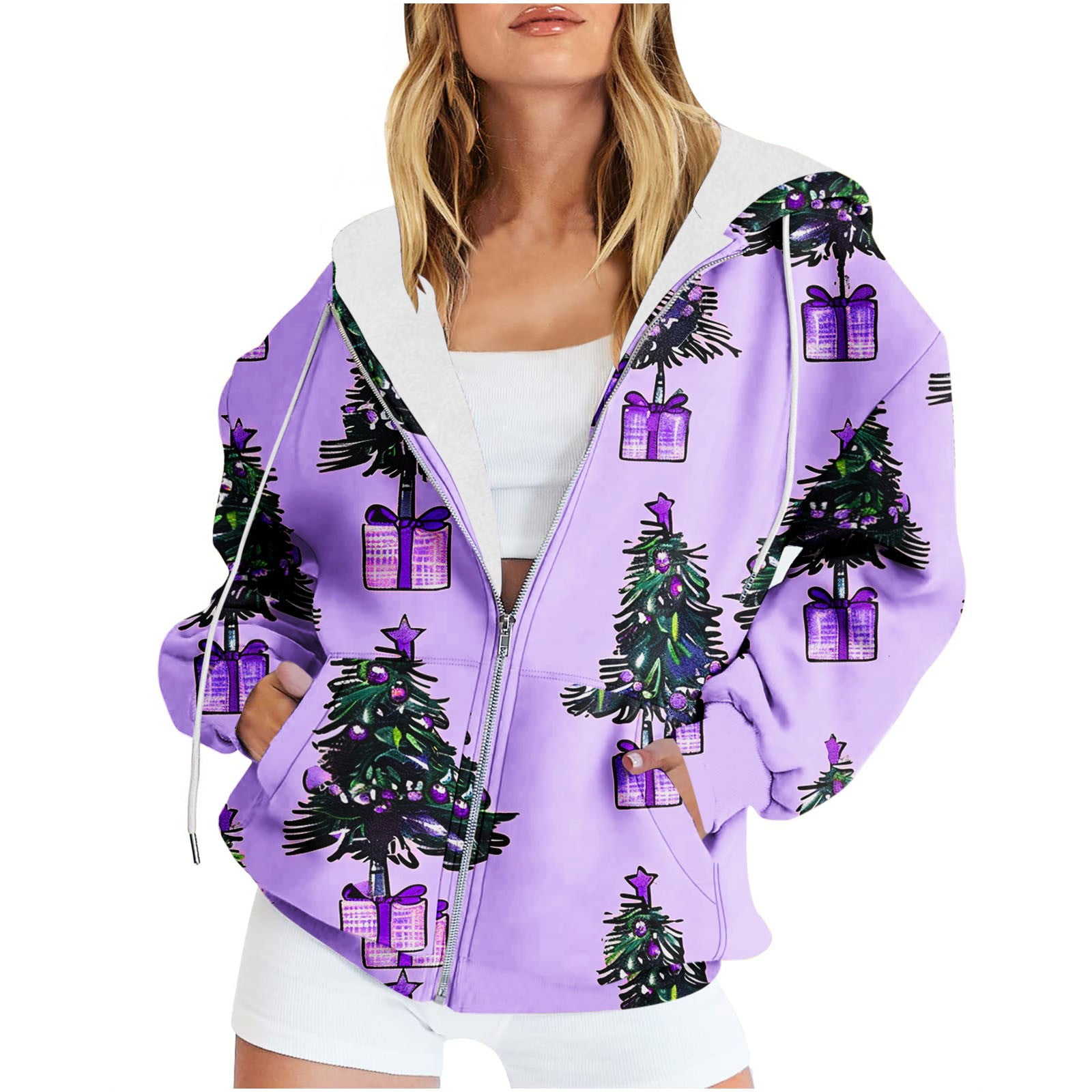 Ofreoo Women's Casual Christmas Printed Zipper Long Sleeve Hooded ...