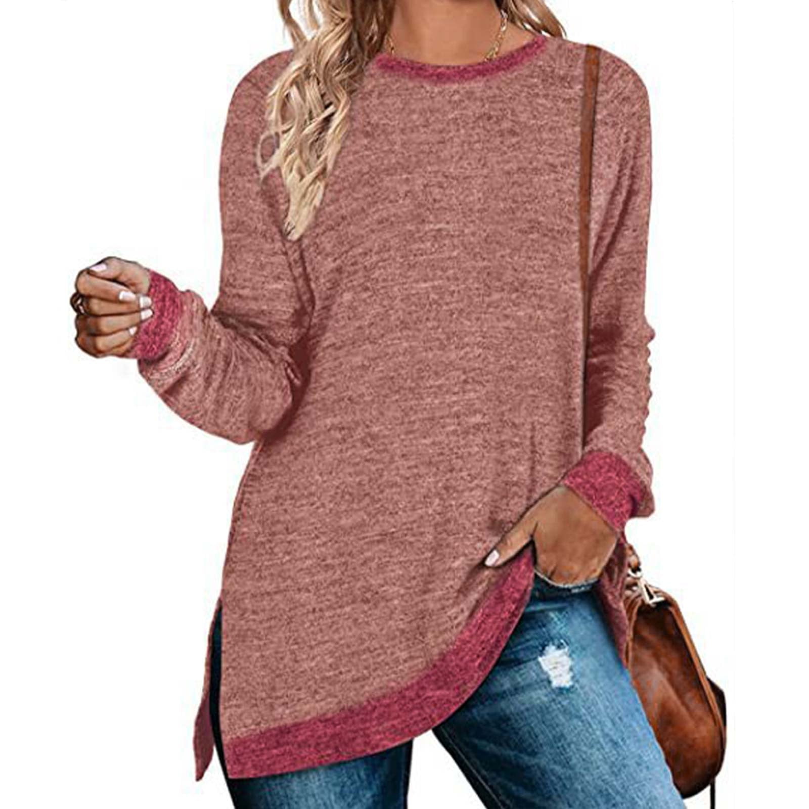 Ofreoo Women's Long Sleeve Sweatshirts Color Block Fall Crewneck ...