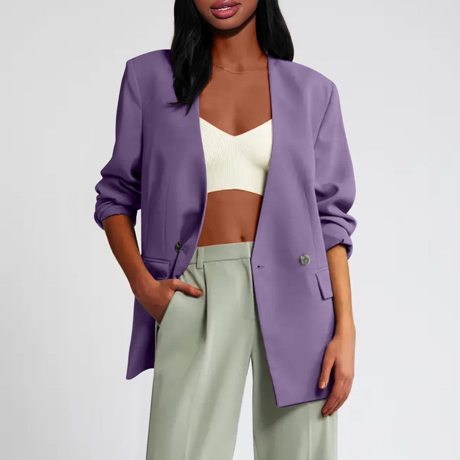 Ofreoo Women's Solid Color Shoulder Pad Without Collar Pocket Button ...