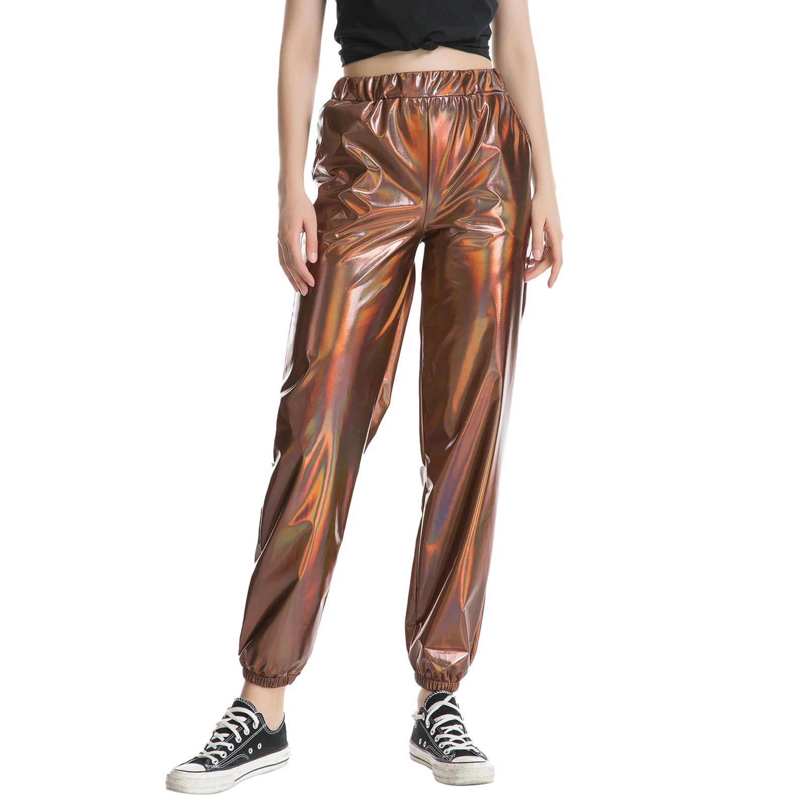 Ogiraw Leather Pants for Women, Women's High Waist Shiny Color Block ...