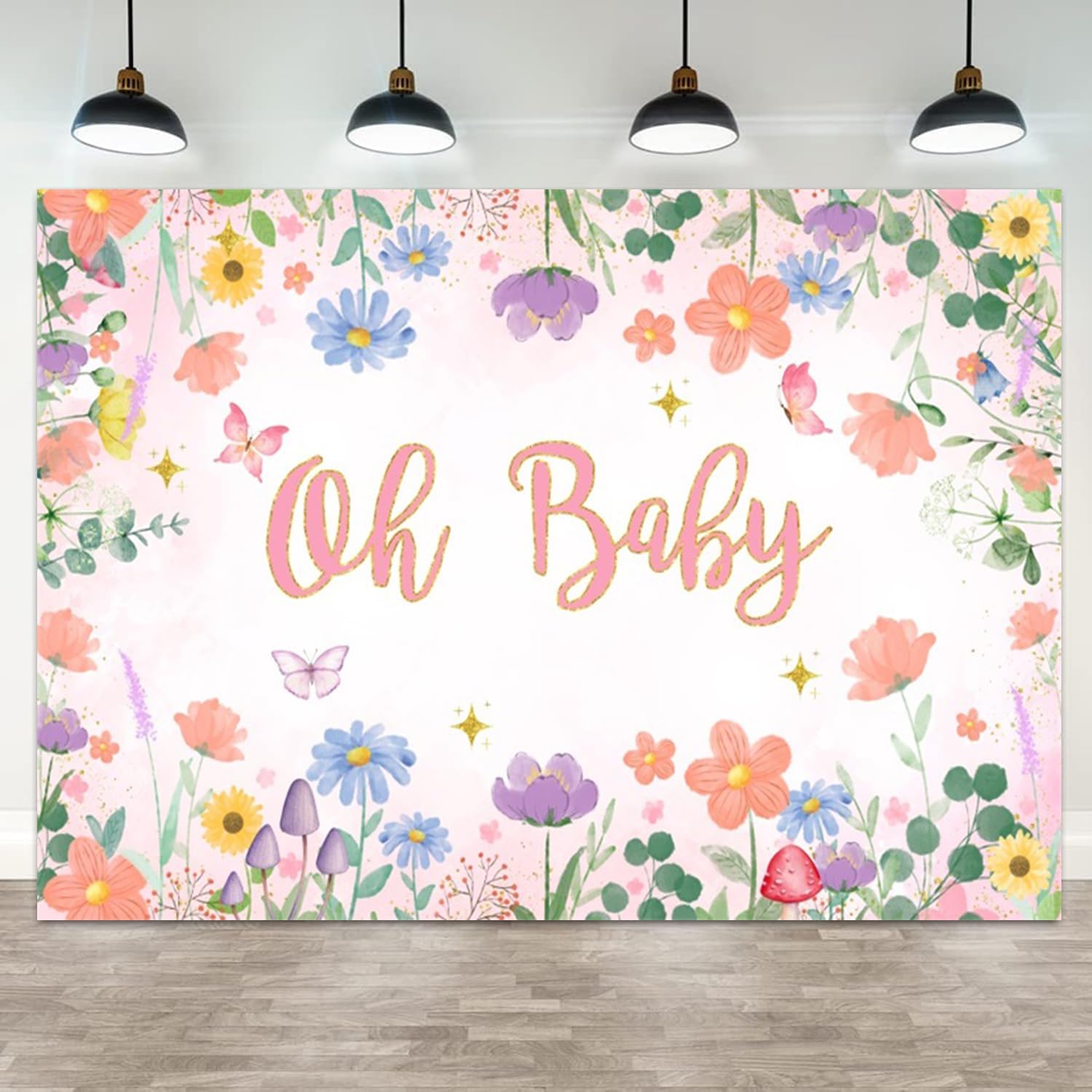 Oh Baby Baby Shower Backdrop Watercolor Floral Butterflies Baby Shower ...