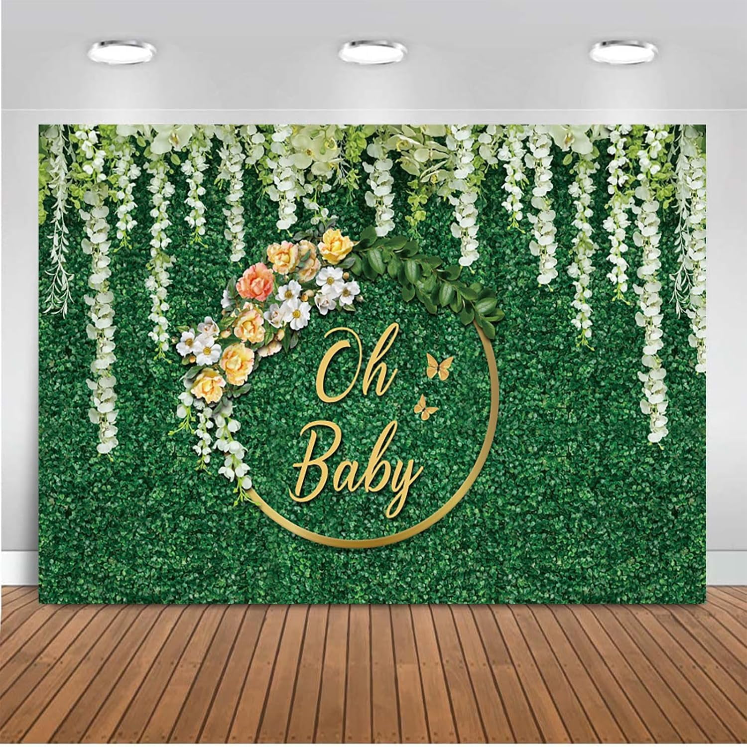 Oh Baby Backdrop Green Grass Floral Baby Shower Photography Background ...