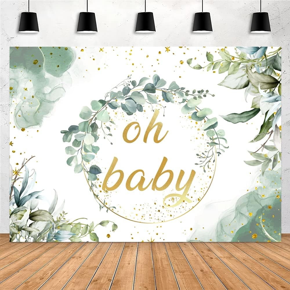 Oh Baby Backdrop Greenery Baby Shower Backdrop Polyester Green Baby ...