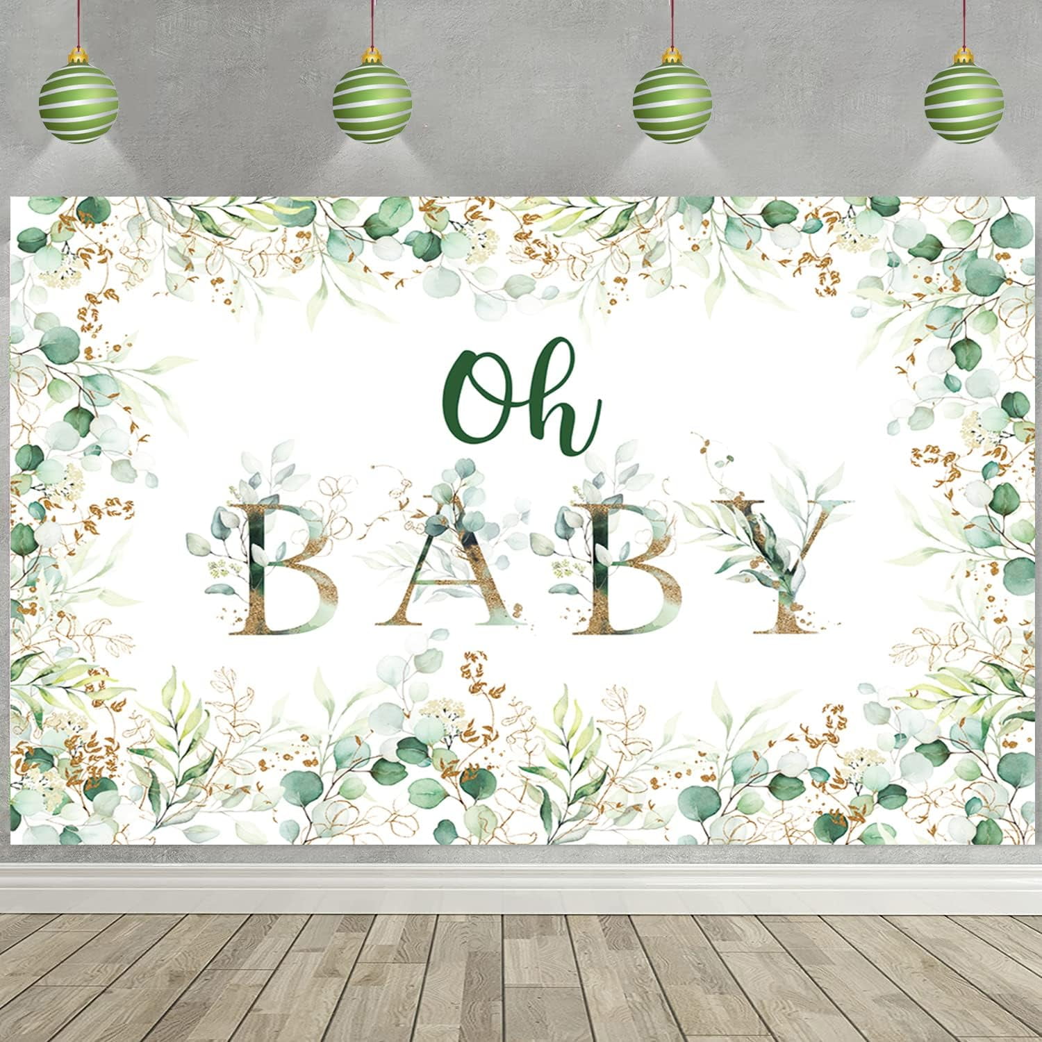 Oh Baby Backdrop for Baby Shower Gold Eucalyptus Greenery Leaves Gender ...