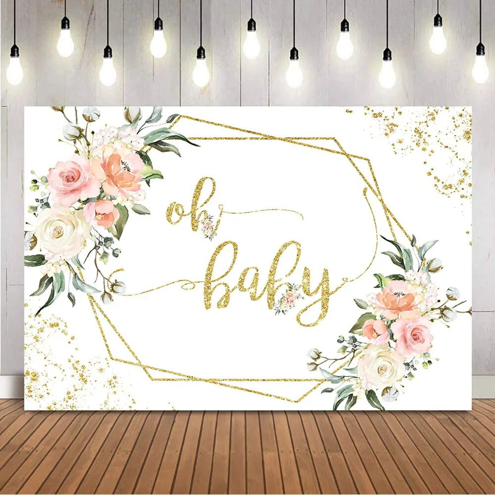 Oh Baby Floral Backdrop Gold Glitter Dots Baby Shower Background for ...