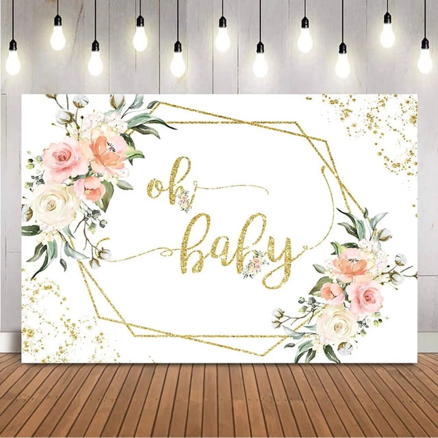 Oh Baby Floral Backdrop Gold Glitter Dots Baby Shower Background for ...