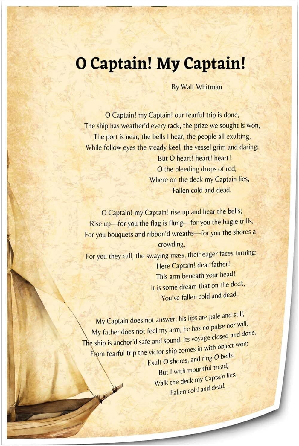 Oh Captain My Captain Funeral Poem Wall Art Poetry Prints Sailboat ...
