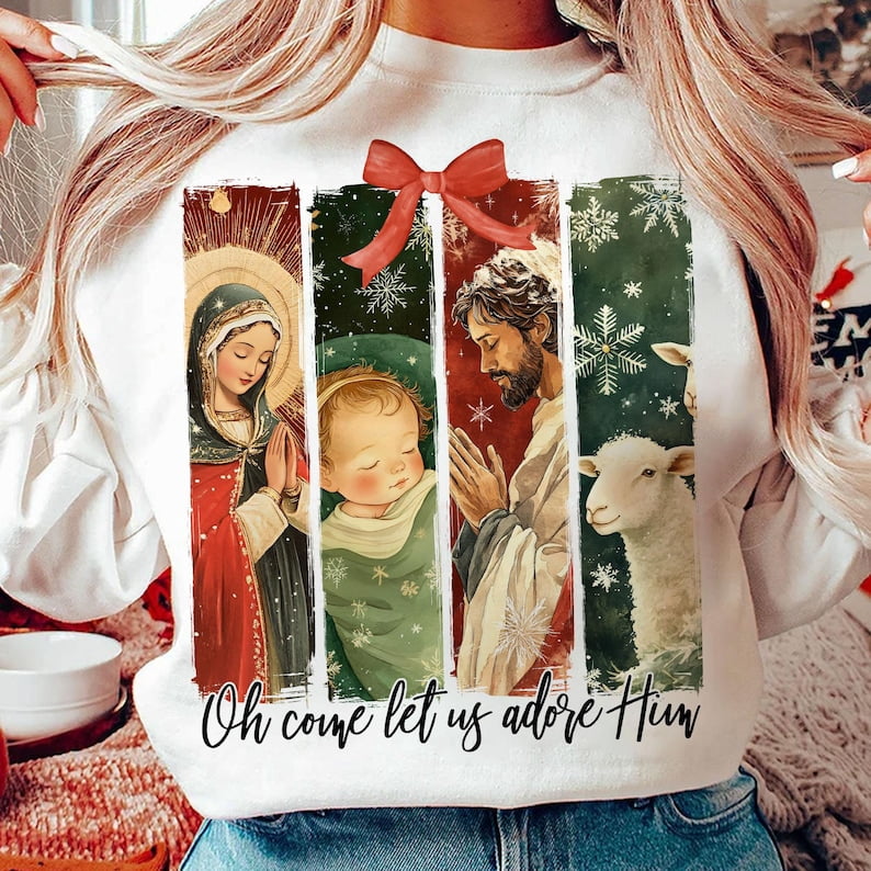 Oh Come Let Us Adore Him Vintage Christmas Nativity Scene Retro Jesus ...