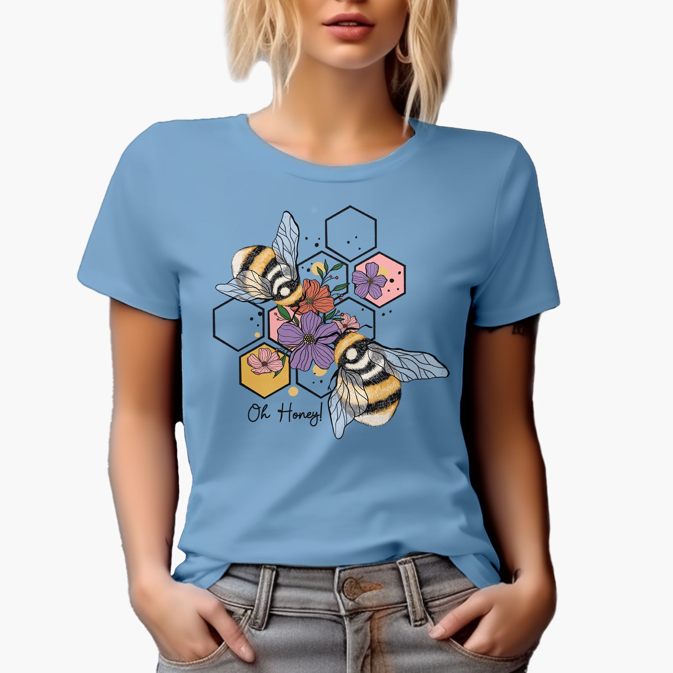 Oh Honey! 2 Bees & Flowers on Honeycomb Cells Art, Bee Lover Merch Gift ...