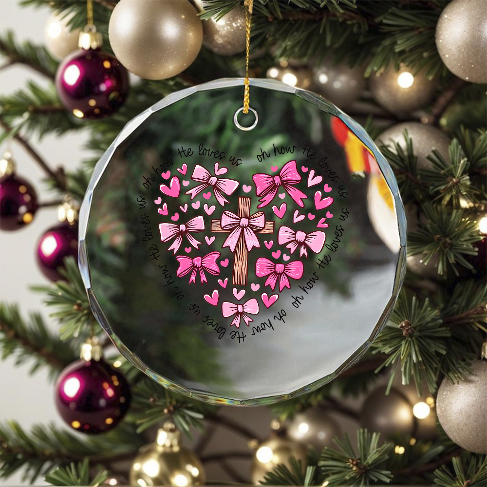 Oh How He Loves Us Coquette Cross Christiasn Valentine Heart Ornament ...
