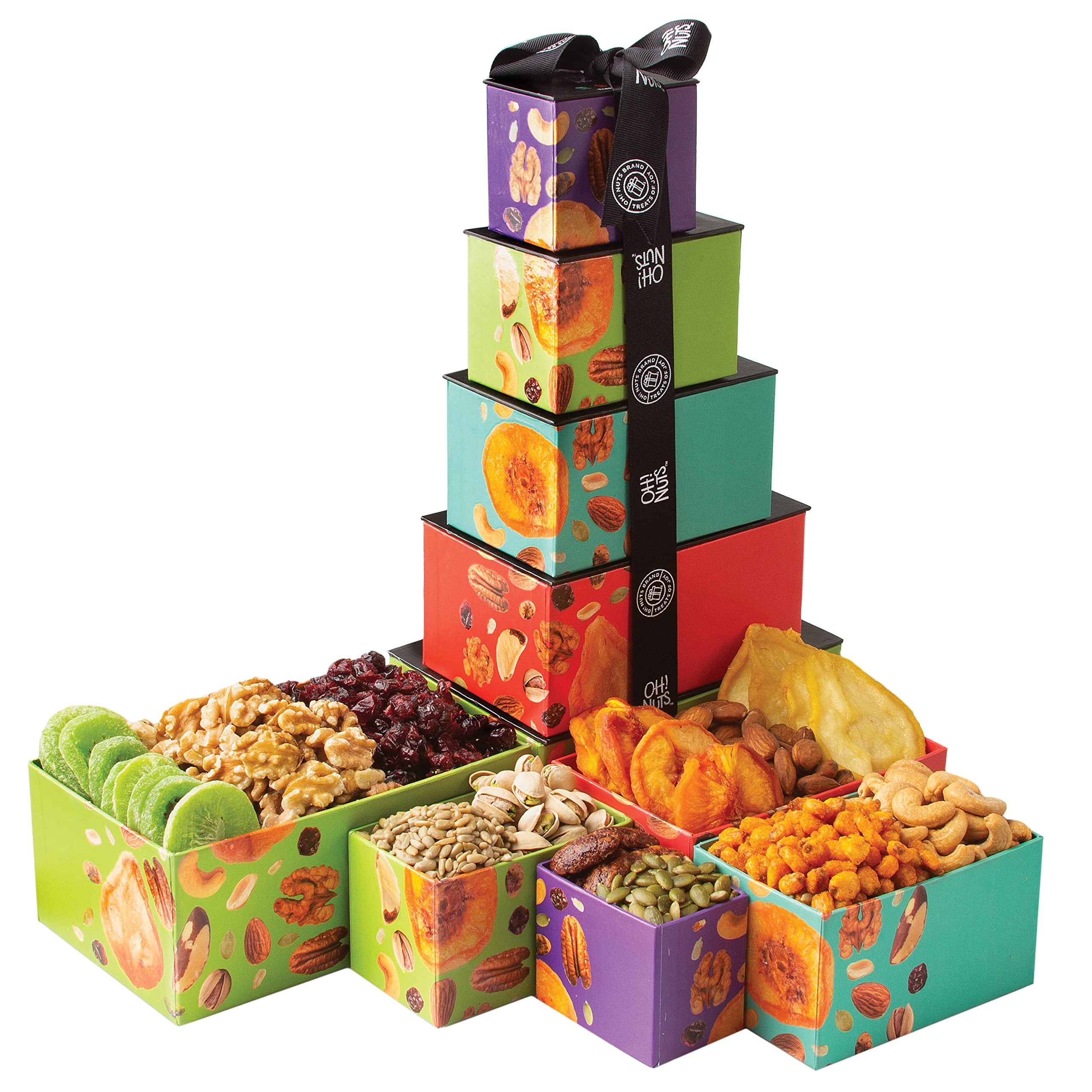 Oh! Nuts Dried Fruit BDF32 and Nuts Gift Basket Tower with Black Ribbon ...
