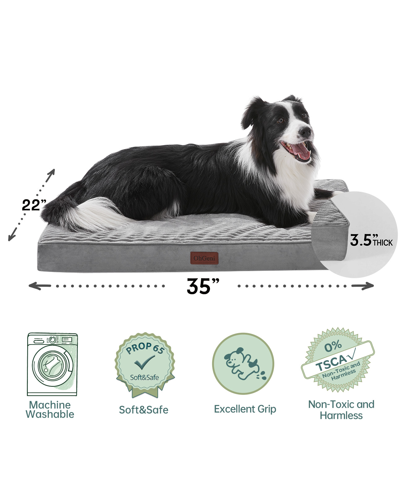 OhGeni 35in Orthopedic Waterproof & Machine Washable Dog Bed for Medium ...