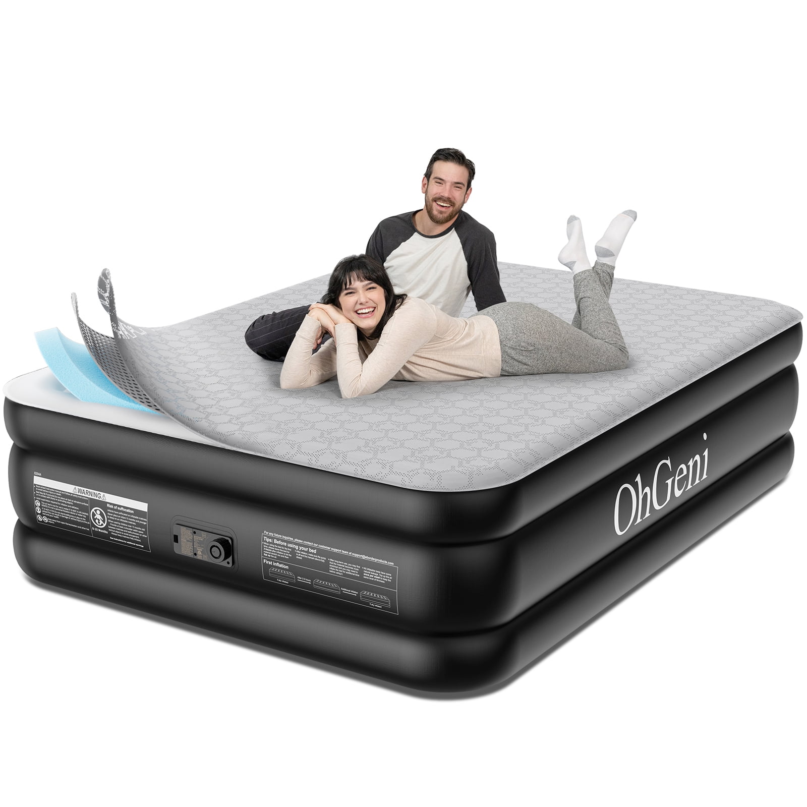 OhGeni Queen Air Mattress with Built in Pump, 18" Raised Inflatable Bed ...
