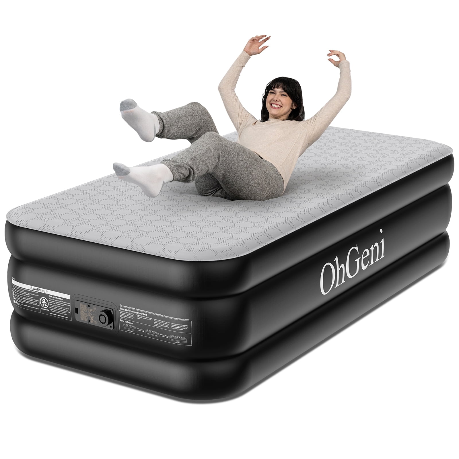 OhGeni Twin Air Mattress with Built in Pump, 18" Raised Inflatable Bed ...