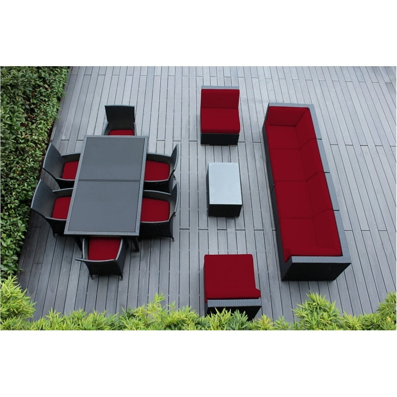 Ohana Depot Ohana Outdoor Patio 14 Piece Black Wicker Sofa and Dining Set Sunbrella Jockey Red ...