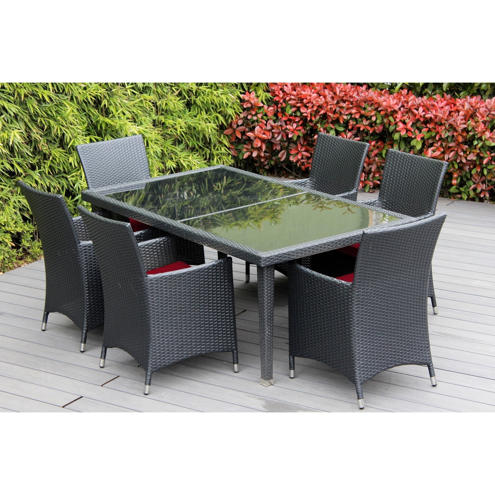 Ohana Outdoor Patio 7 Piece Black Wicker Dining Set with Cushions Red ...