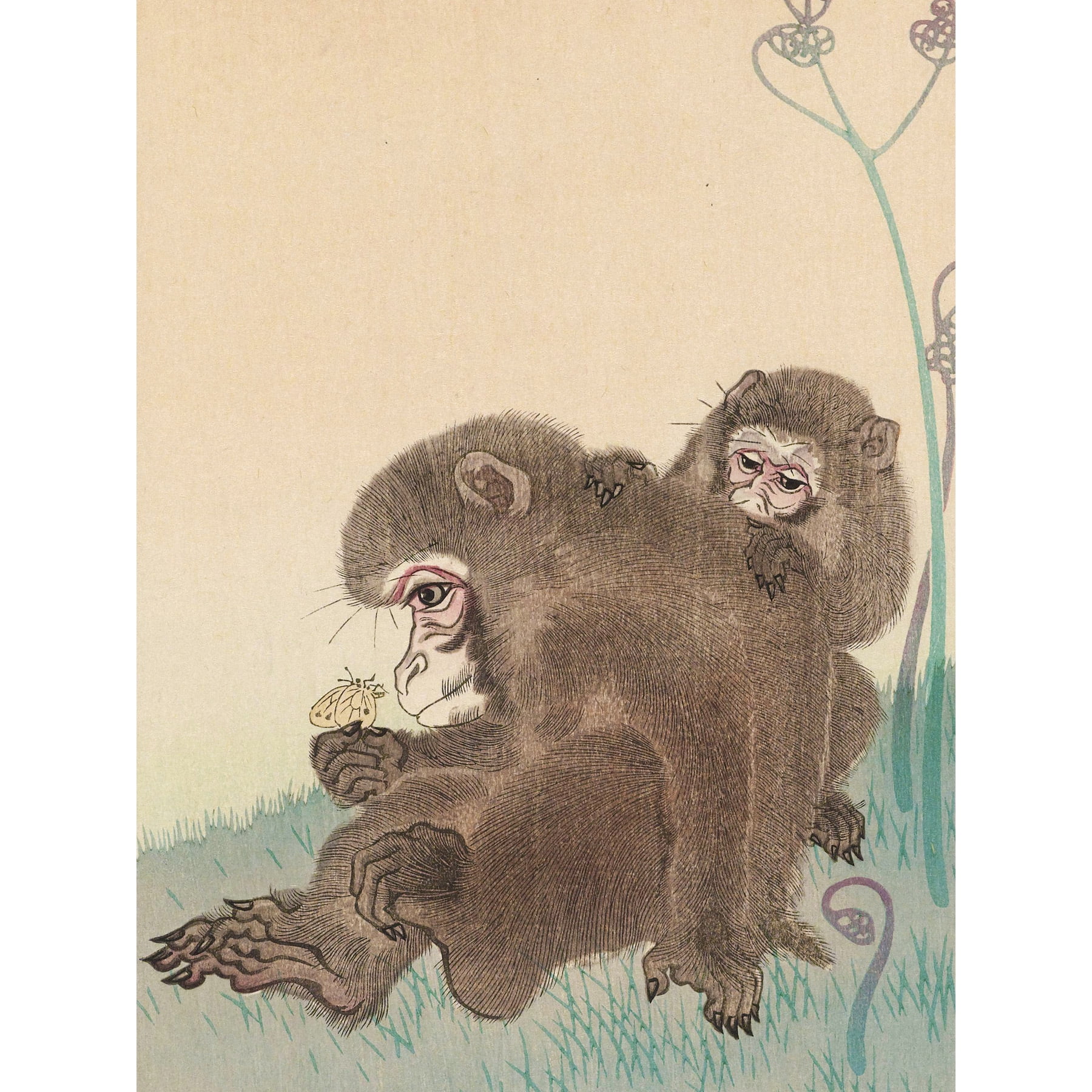 Ohara Koson Two Monkeys With Butterfly Painting Extra Large XL Wall Art ...