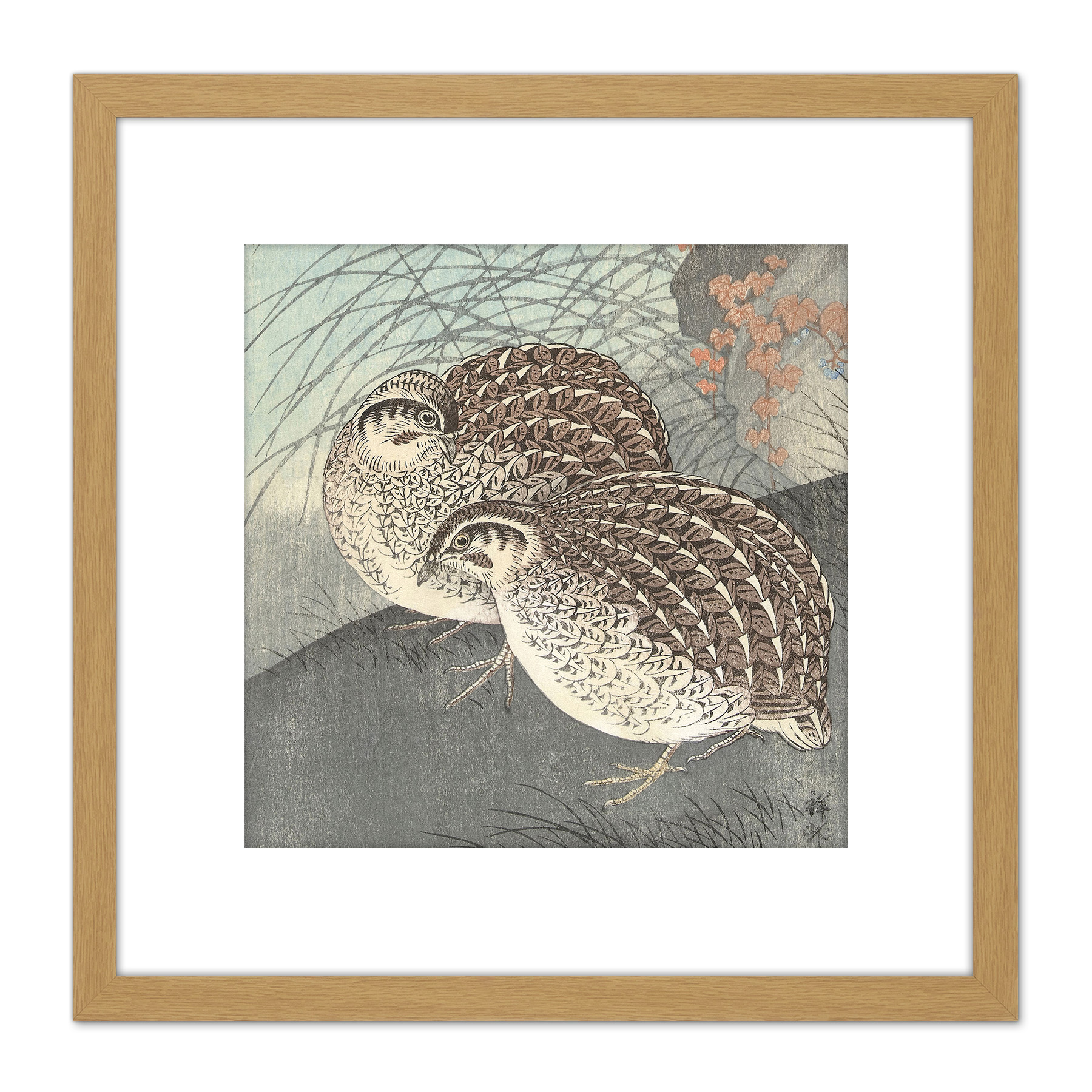 Ohara Koson Two Quail Full Moon Japanese Painting 8X8 Inch Square ...