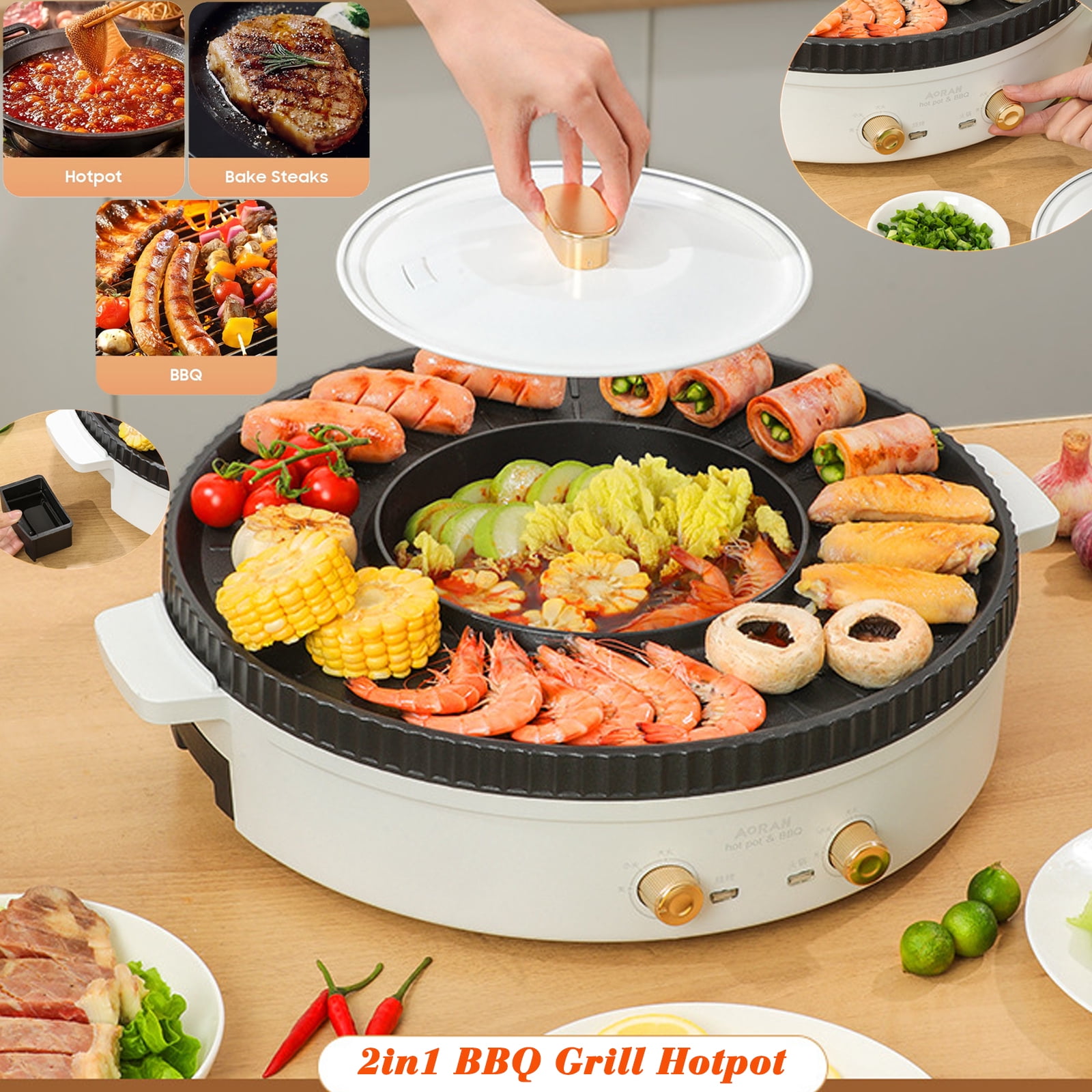 OhhGo 1800W Electric Hot Pot & Grill Combo, 2-in-1 Non-Stick Indoor BBQ ...