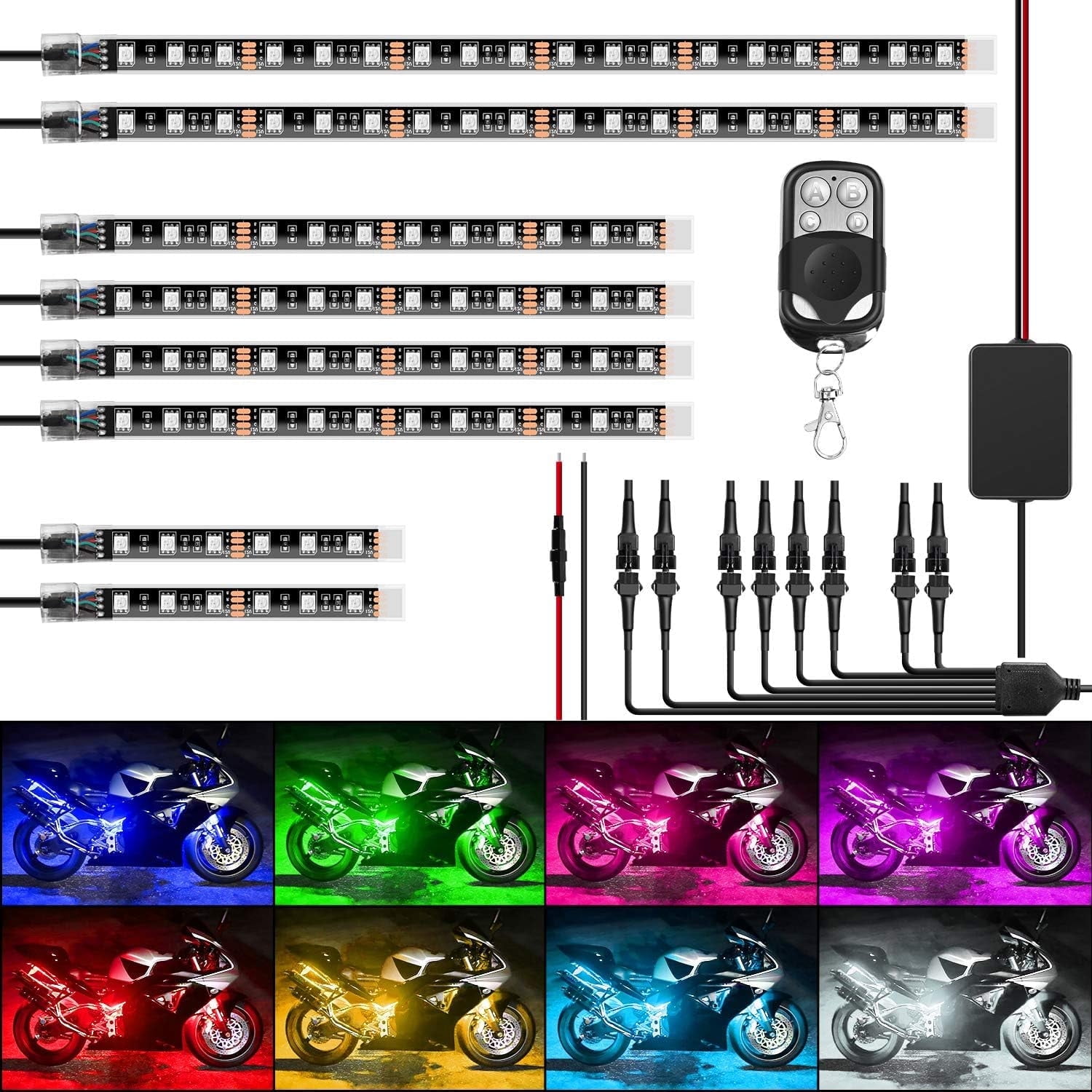 OhhGo 8 PCS Motorcycle LED Light Kit, Waterproof LED Strip, Multi-Color ...