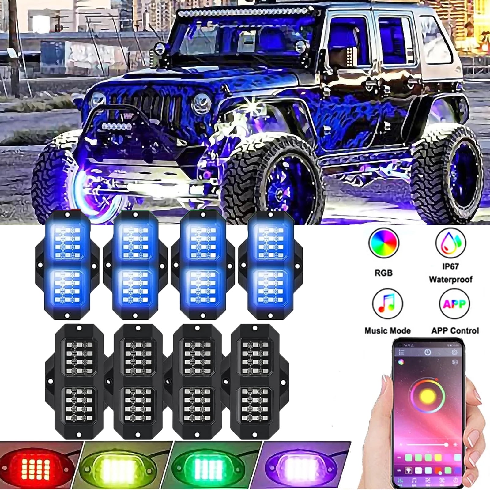 OhhGo 8 Pods RGB LED Rock Light Kit, High Bright RGB Neon Lights with ...