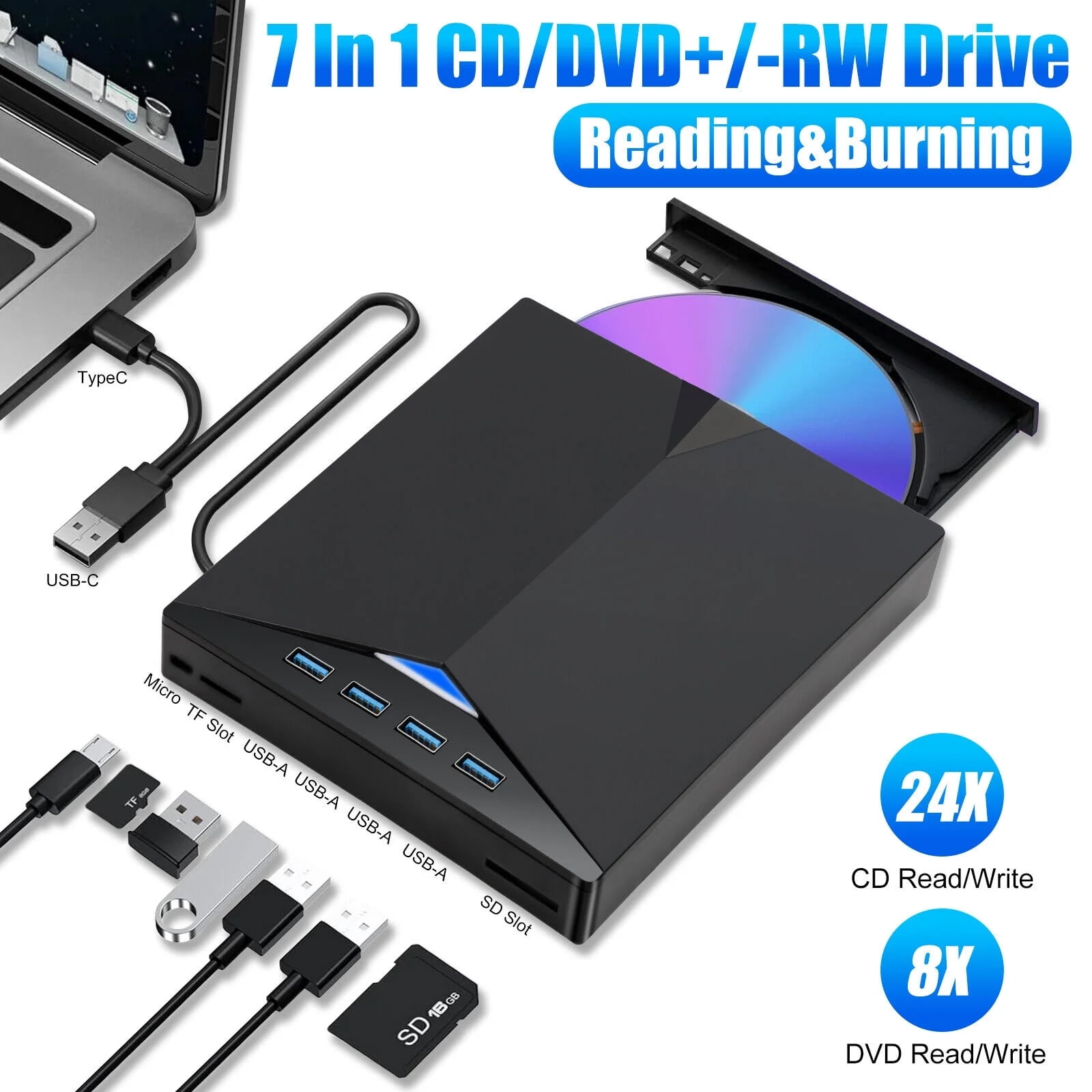 OhhGo External CD DVD Drive for Laptop, 7-in-1 USB 3.0 DVD Player ...