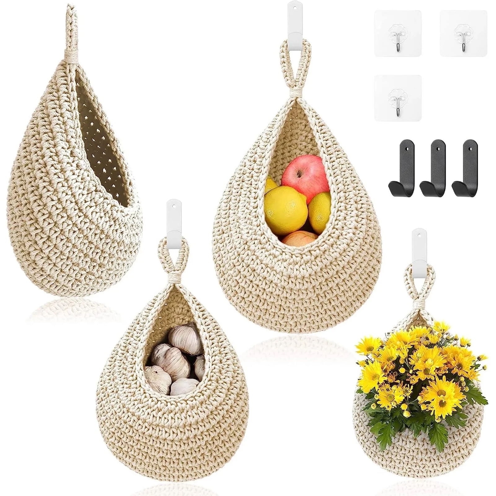 OhhGo Hanging Fruits Baskets for Kitchen - 3 Pack Boho Teardrop Hanging ...