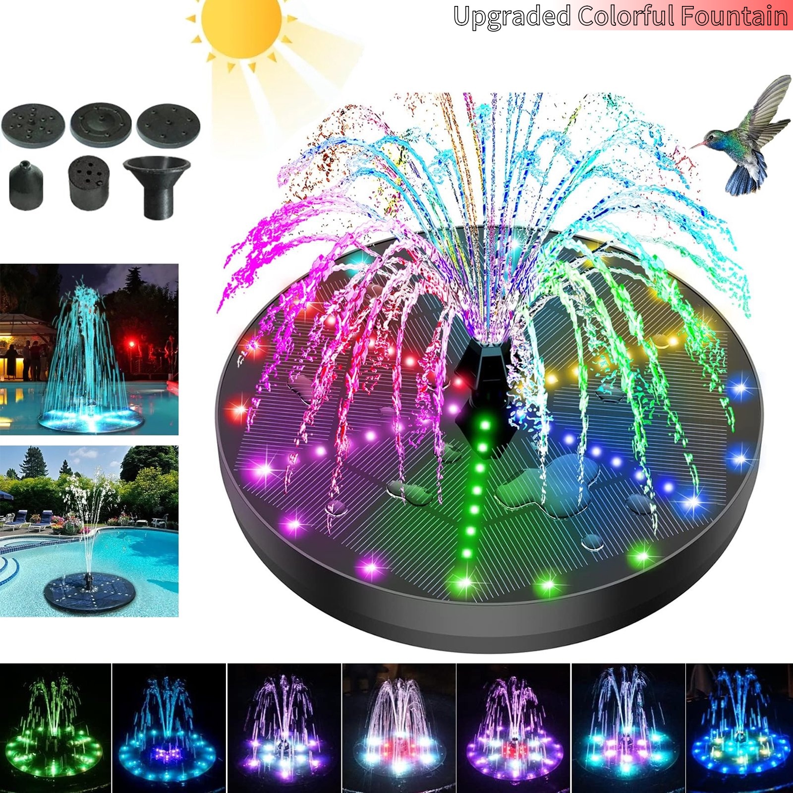 OhhGo Solar Fountain Pump, 3W Bird Bath Fountains with 7 Color 36 LED ...