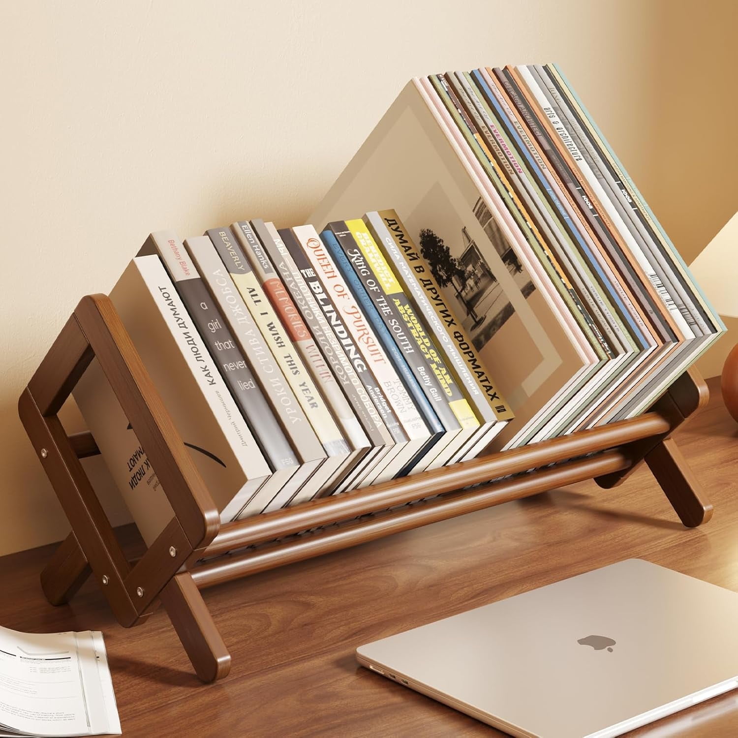 OhhGo Wood Desktop Bookshelf, Wood Tilting Bookcase Small Storage Rack ...