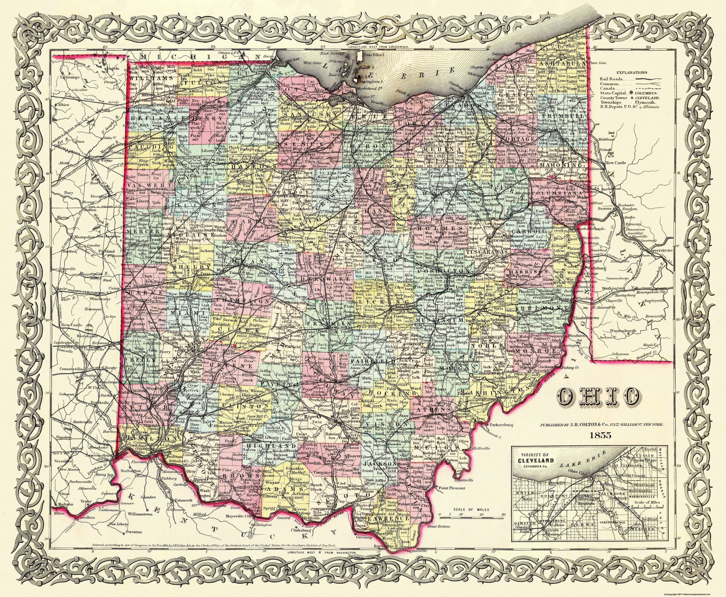 Historic State Map - Ohio - Colton 1855 - 28 x 23 - Vintage Wall Art ...