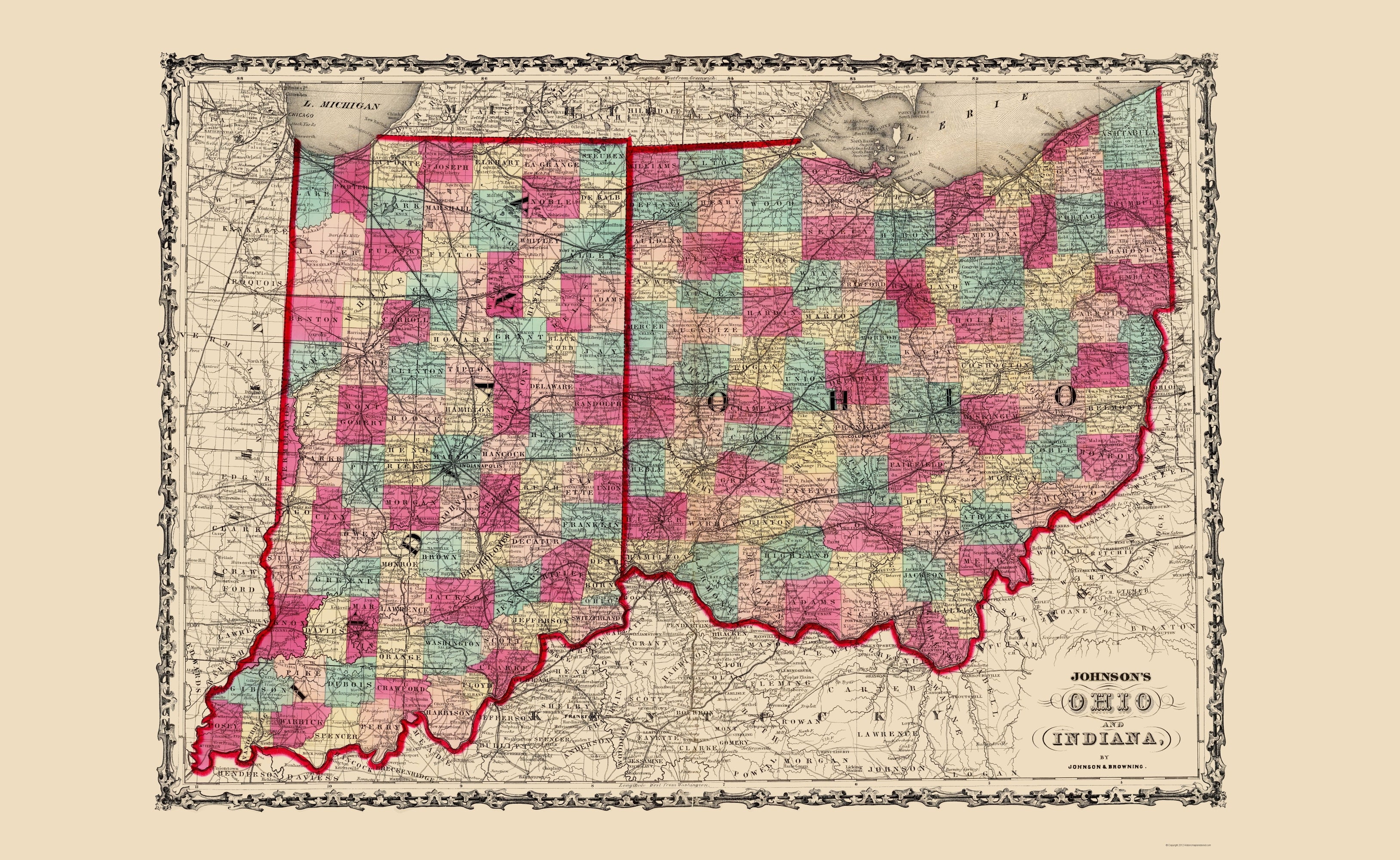 Historic State Map - Ohio Indiana - Johnson 1860 - 23 x 37.44 - Vintage ...