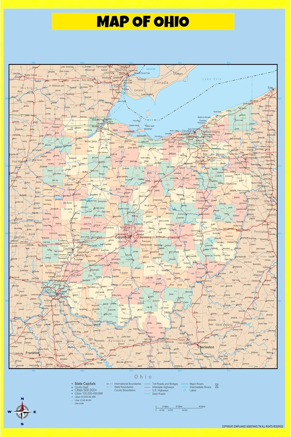 Ohio Map Poster - Laminated Wall Map - Style D - 18x24 - Ideal for Classrooms and Homes ...