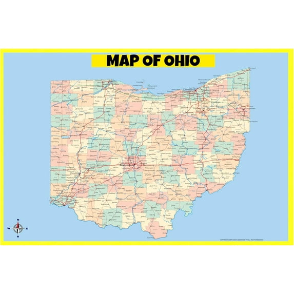 Ohio Map Poster - Laminated Wall Map - Style E - 36x60 - Ideal for Classrooms and Homes ...