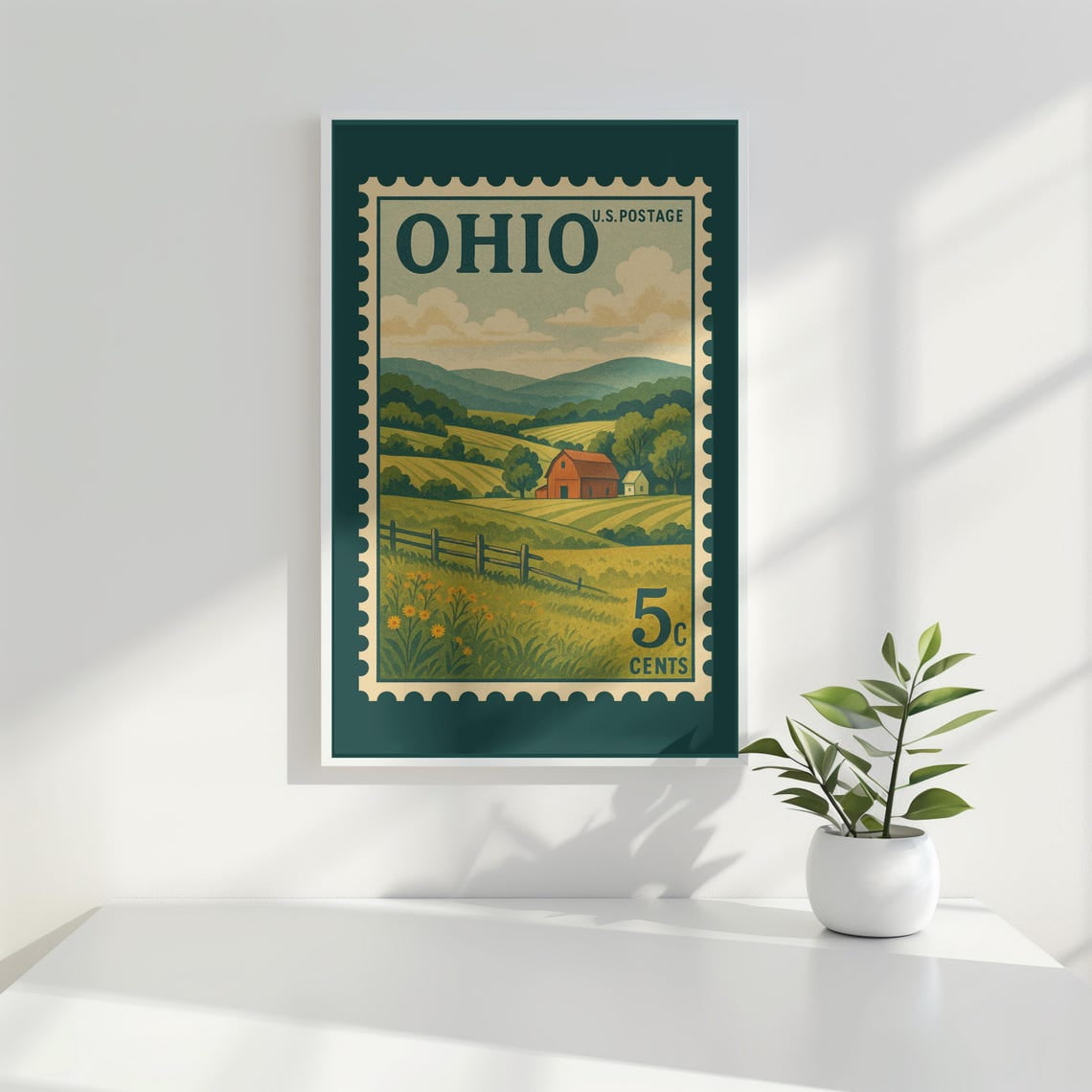 Ohio Postage Stamp Art Print, Vintage Landscape, Rustic Red Barn Decor ...