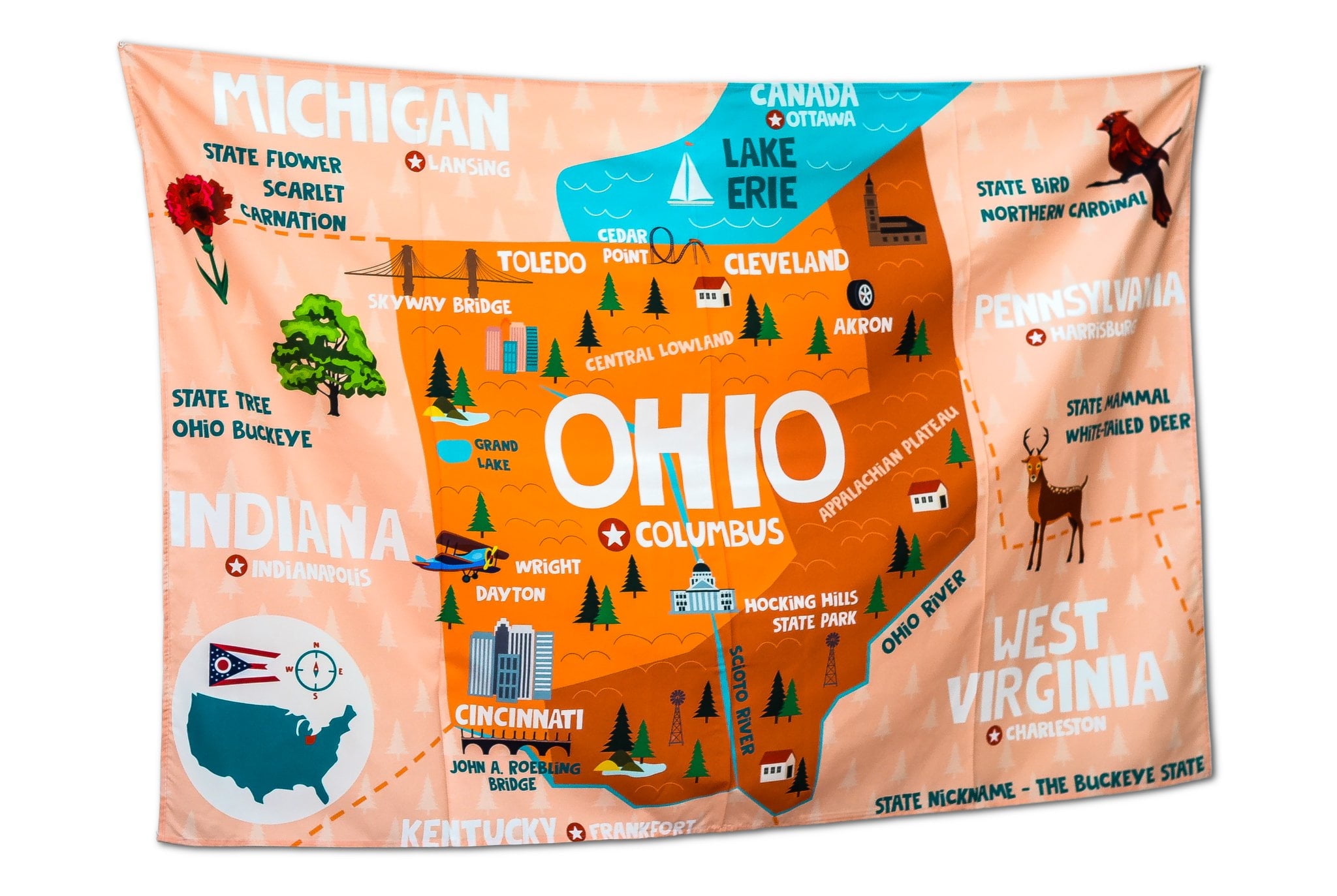 Ohio Map Wall Tapestry for Kids – 60x39" Educational State Decor ...