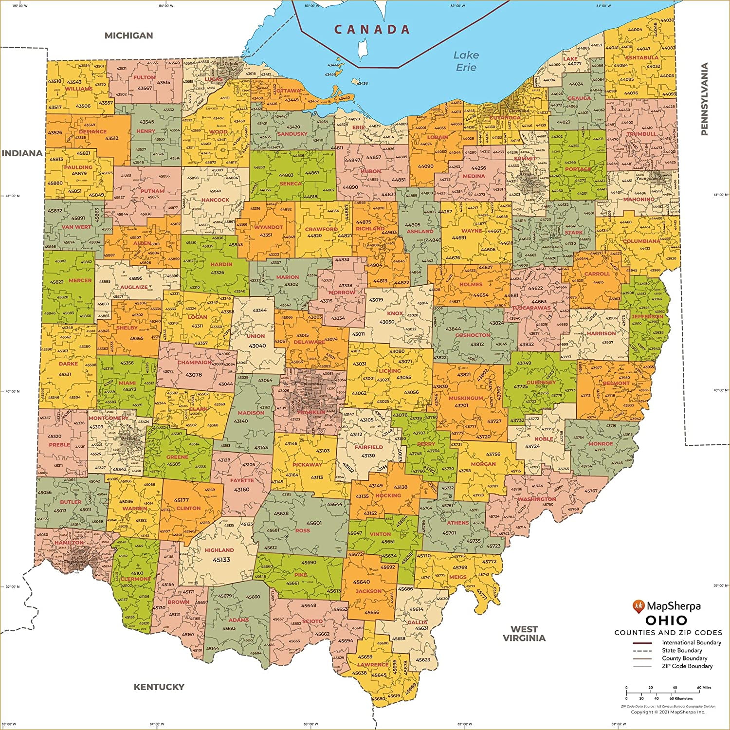 Ohio ZIP Code Map with Counties - Large - 48" x 48" Laminated - Walmart.com