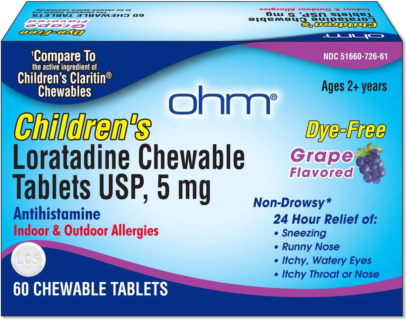 Ohm Children's Allergy Medicine, Loratadine 5mg, Chewable Tablets (60 ...
