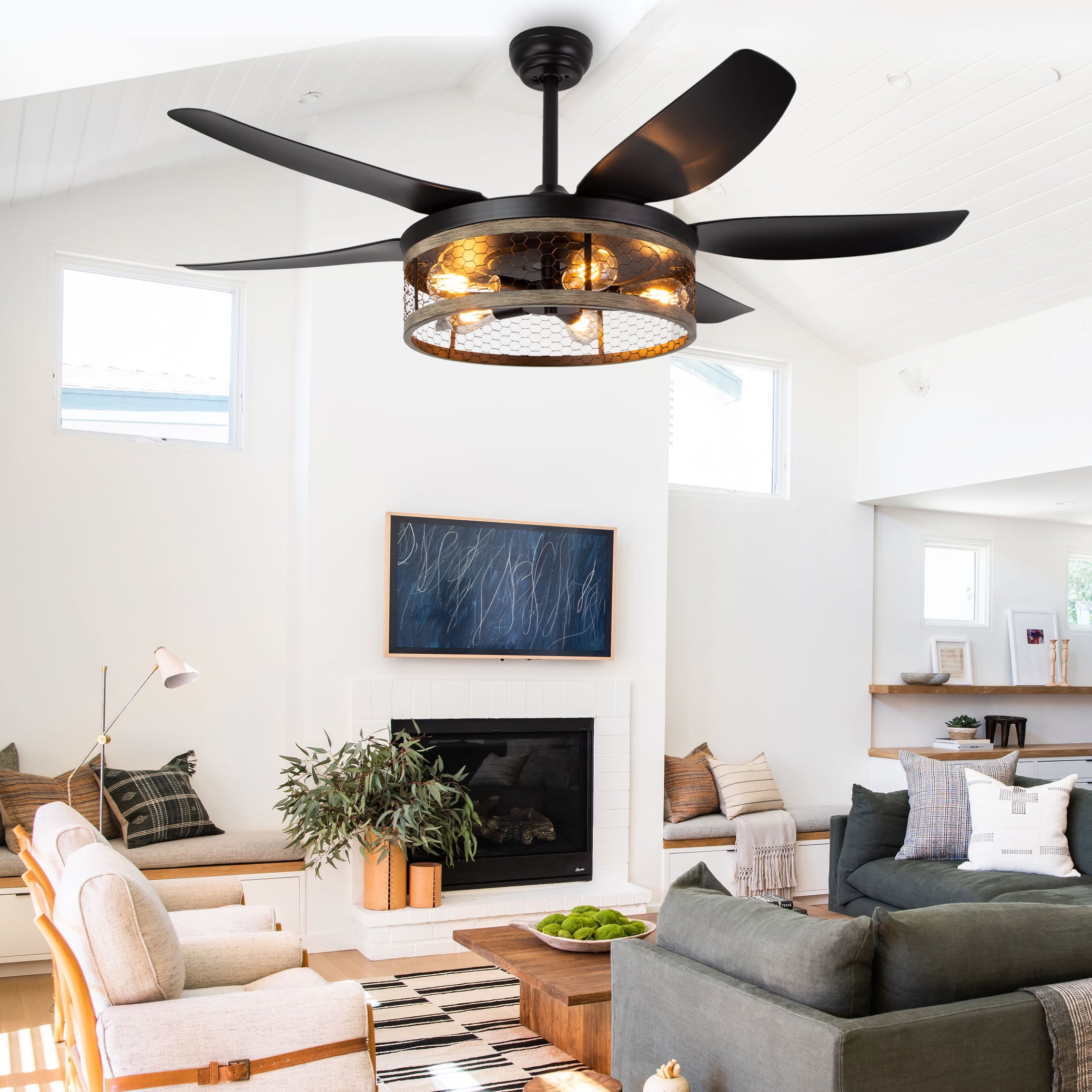 Ohniyou 52" Farmhouse Ceiling Fan with Lights - Black Indoor Outdoor ...
