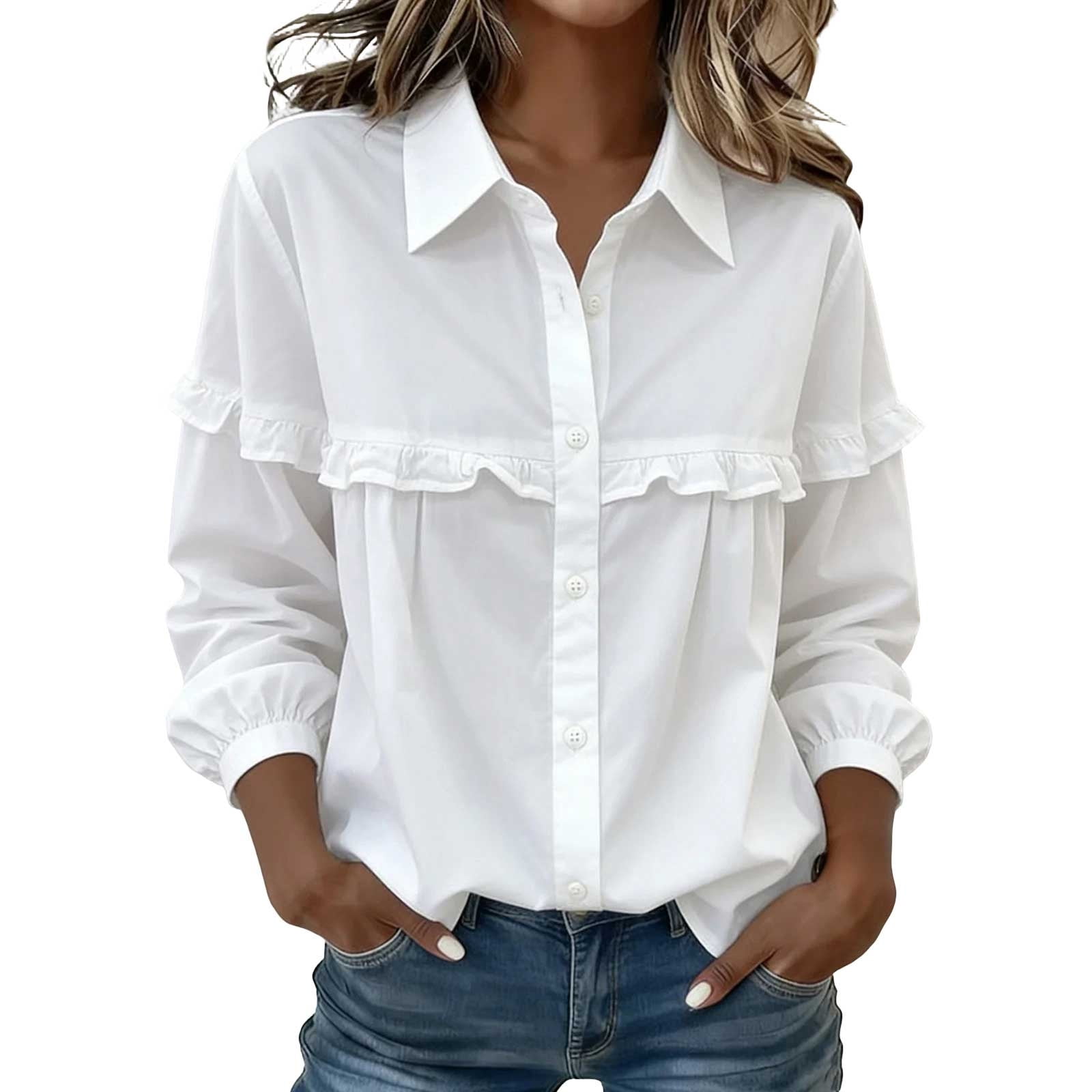 Ohufall Casual Shirts for Women Ruffled Long Sleeve Solid Color Tops ...