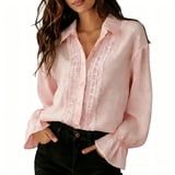 Ohufall Shirts for Women Lace Splicing Button Turndown Collar T Shirt ...