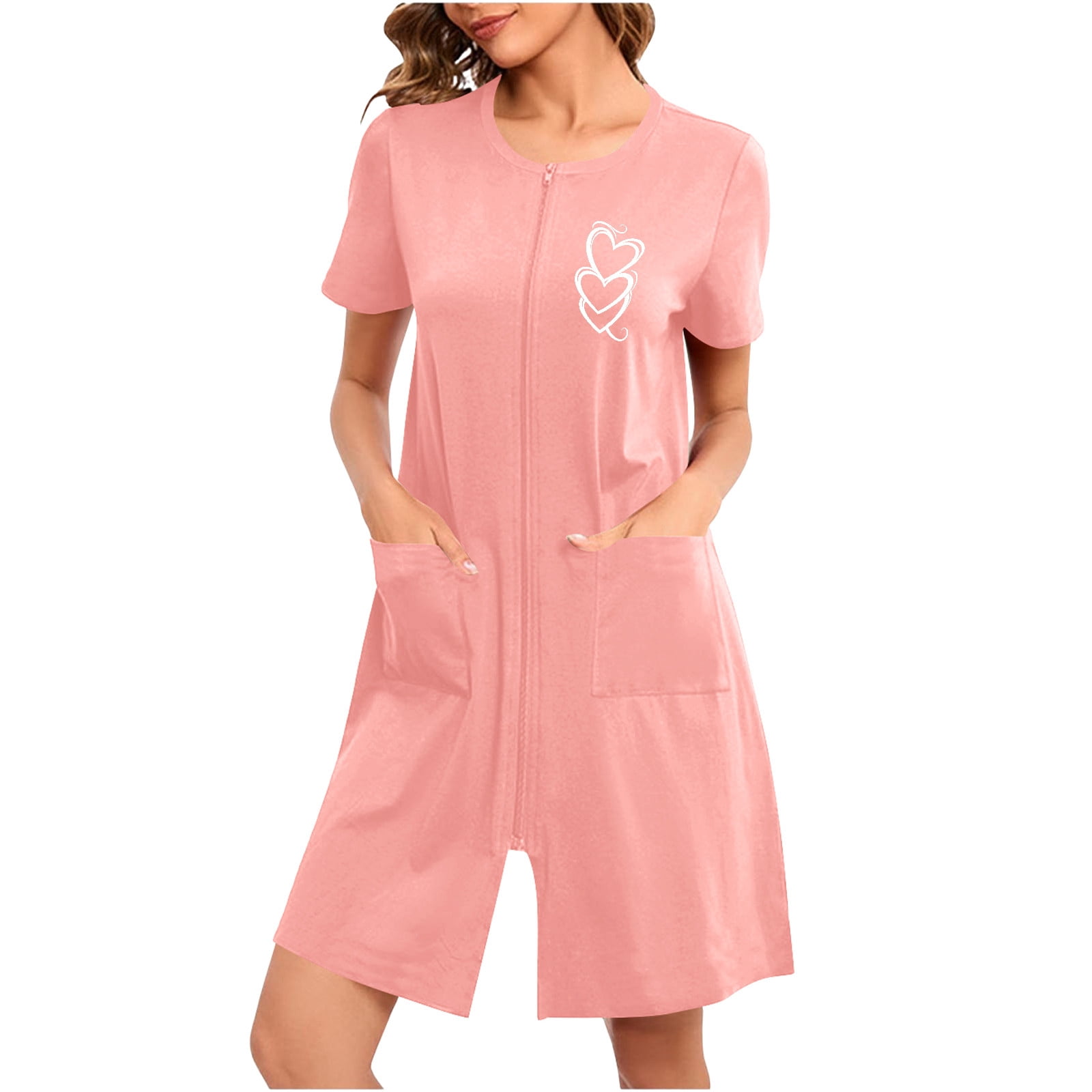 Ohufall Women Zipper Robe Short Sleeve Duster Housecoat Short Bathrobes ...