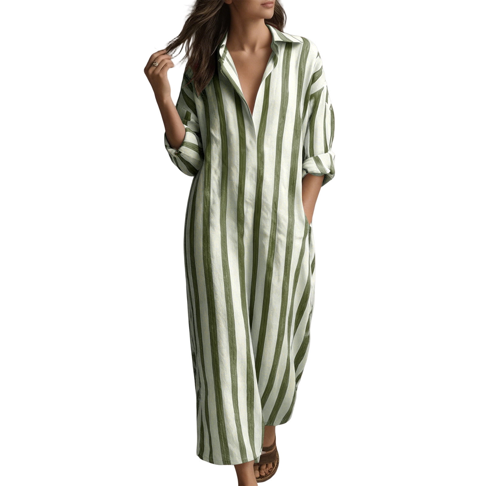 Ohufall Women's Maxi Dress Striped Turndown Collar Dresses V Neck Long ...