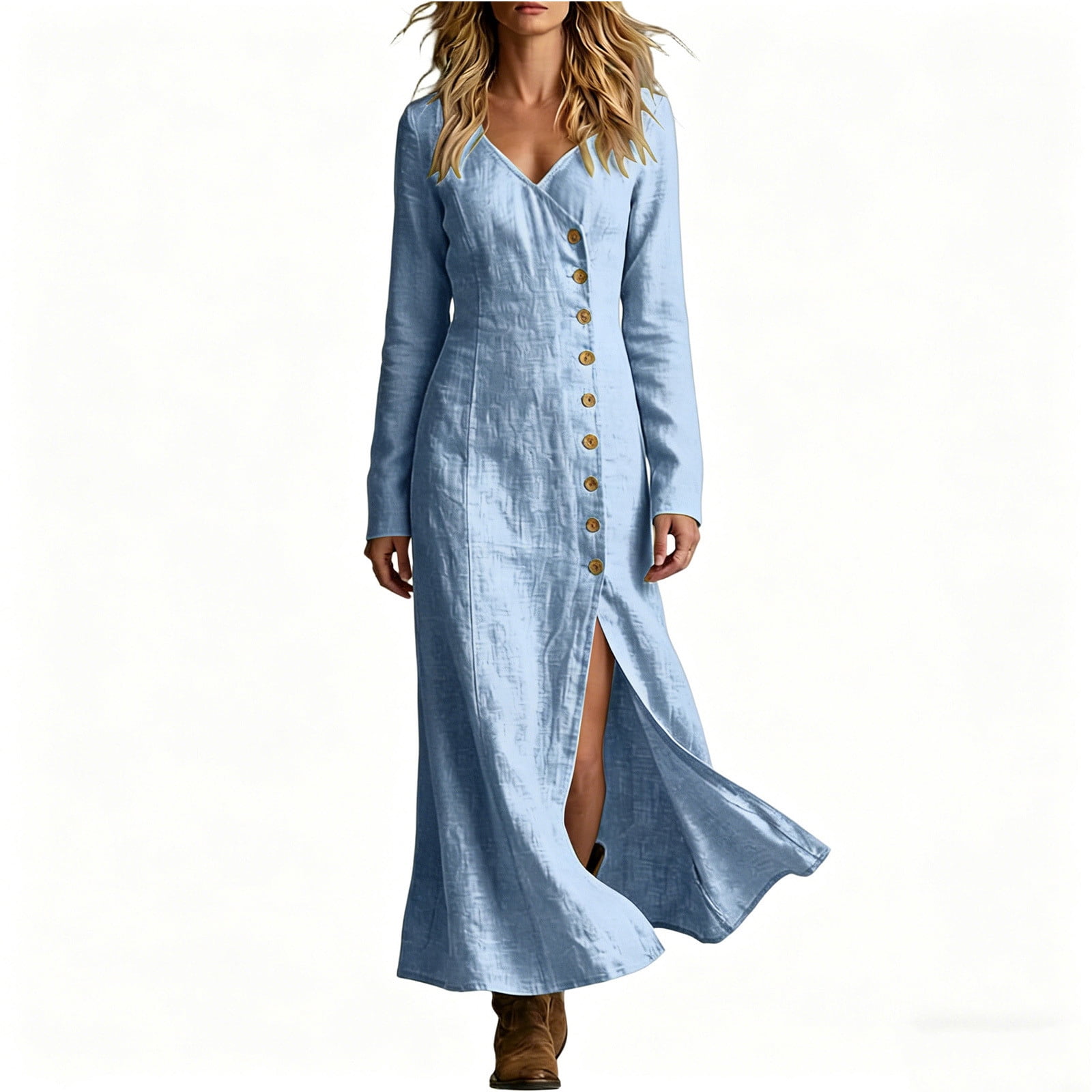 Ohufall Womens Dress Long Sleeve Button V Neck Maxi Dress Solid Color ...