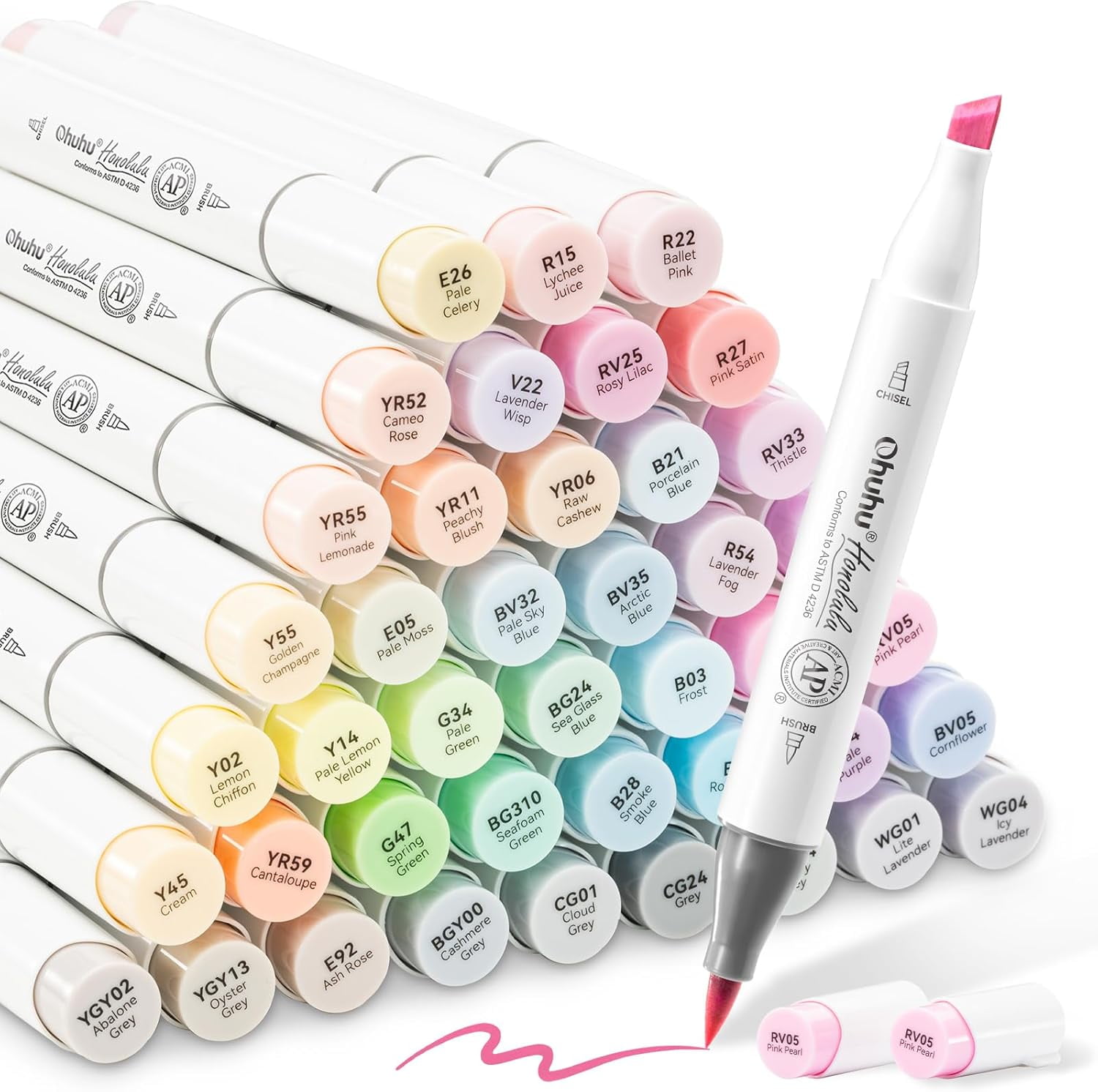 Ohuhu, Pastel Brush & Chisel Markers Set, 48 Colors + 1 Blender ...