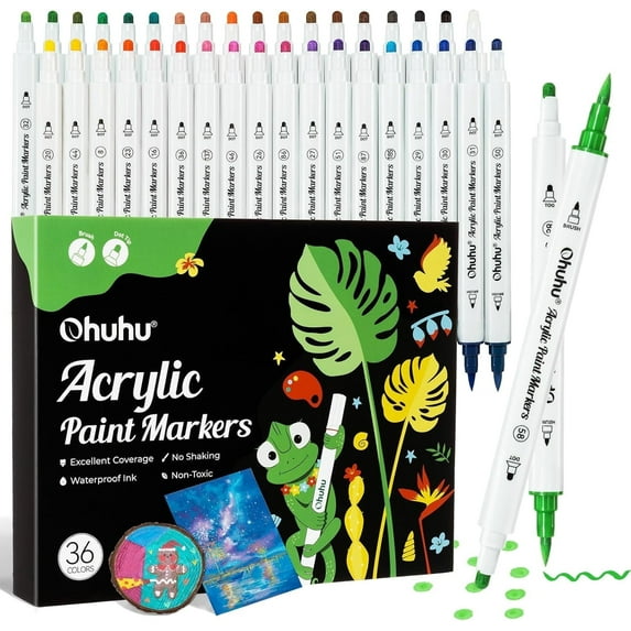 Ohuhu Acrylic Paint Markers, 36 Colors, Dual Tip Brush & Dot, Cotton ...