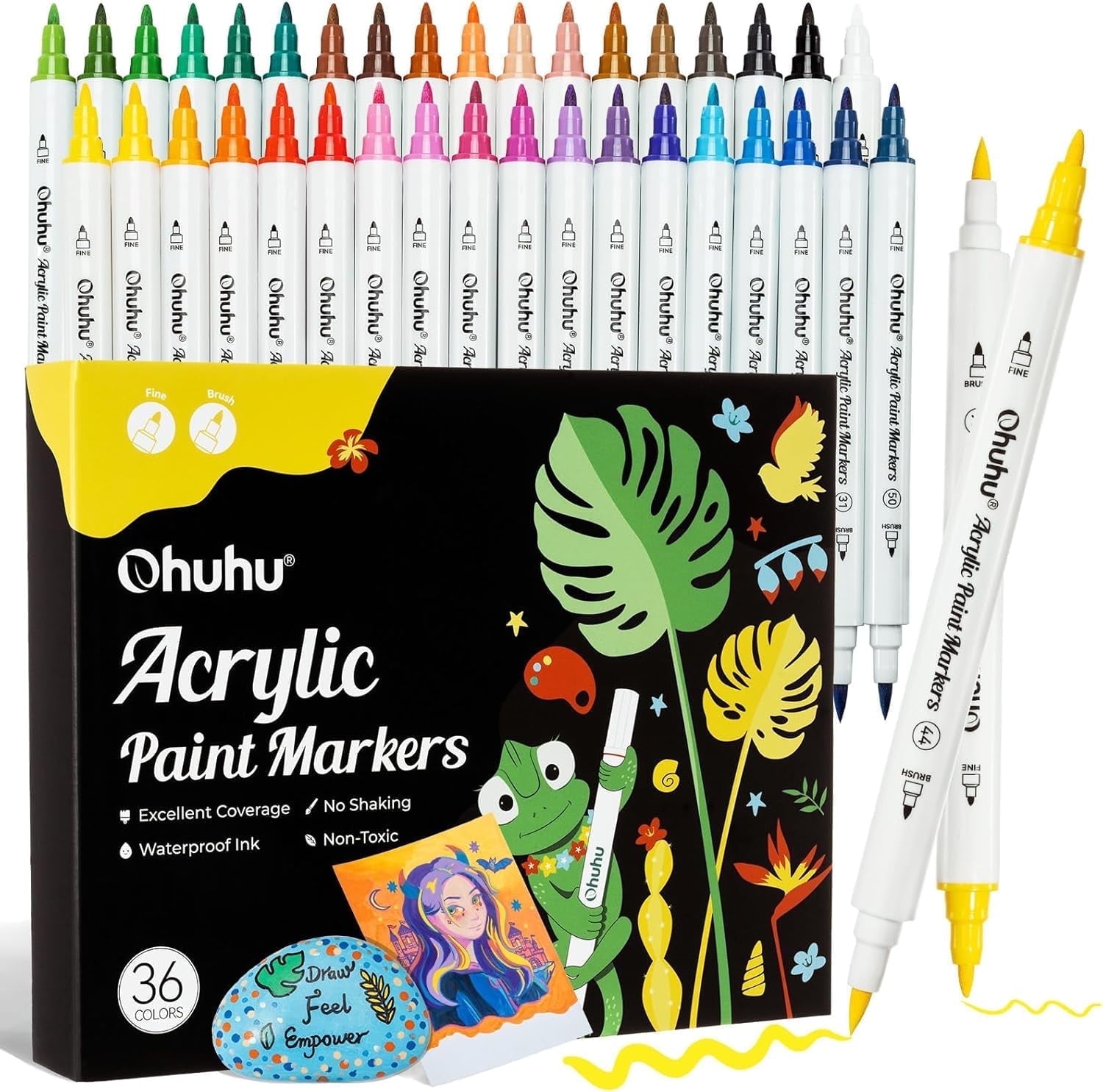 Ohuhu 36 Colors Acrylic Paint Markers, Cotton-Core Dual Tips (Brush ...